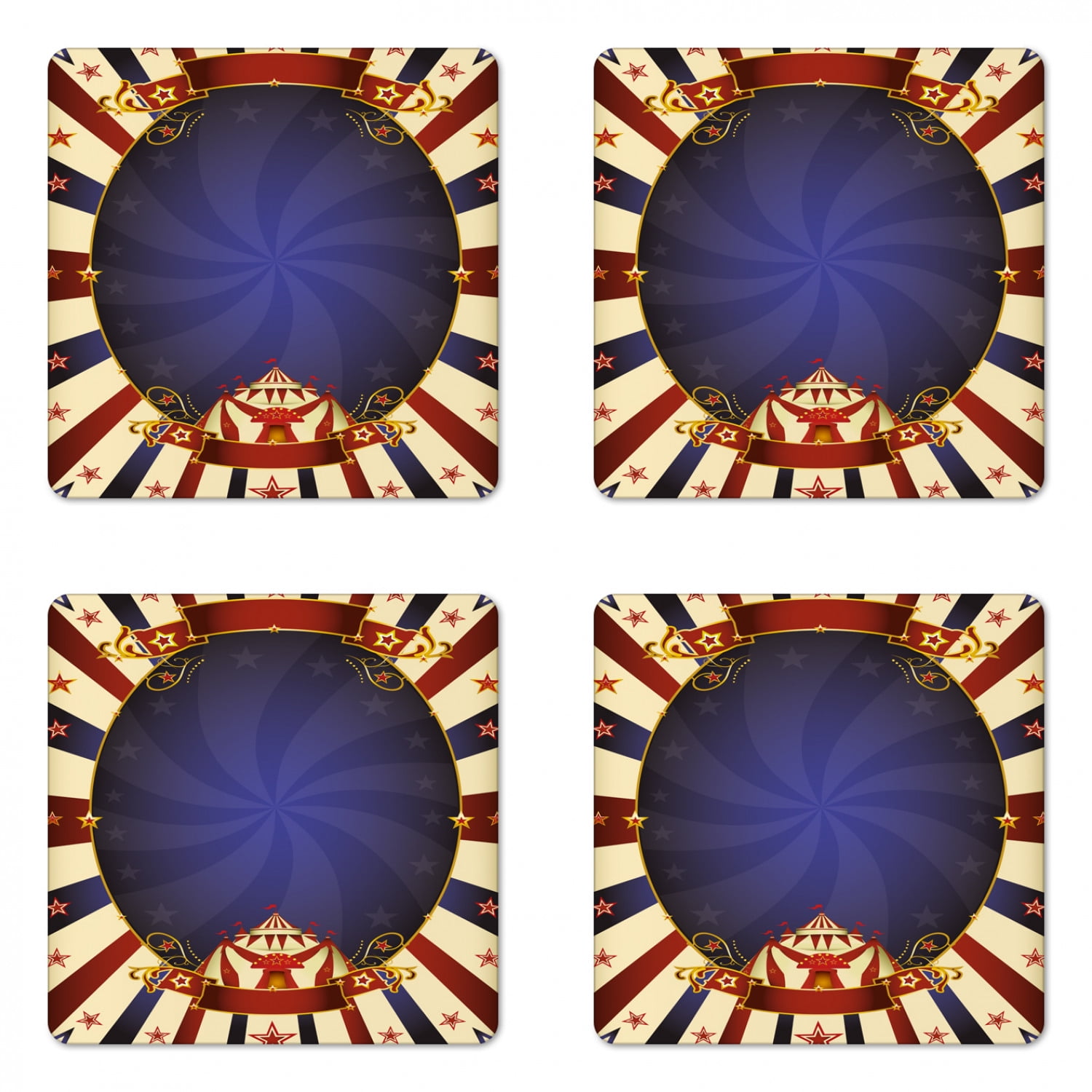 Vintage Coaster Set of 4, Circus Theme Retro Carnival Tent Ribbon ...