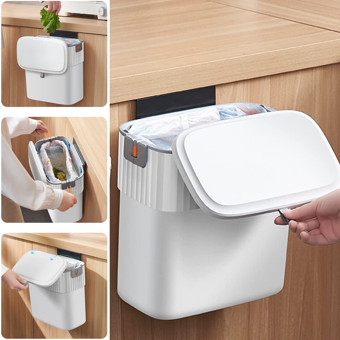 Hanging Trash Can with Lid for Kitchen Cabinet Door or Under Sink, 2.4 ...