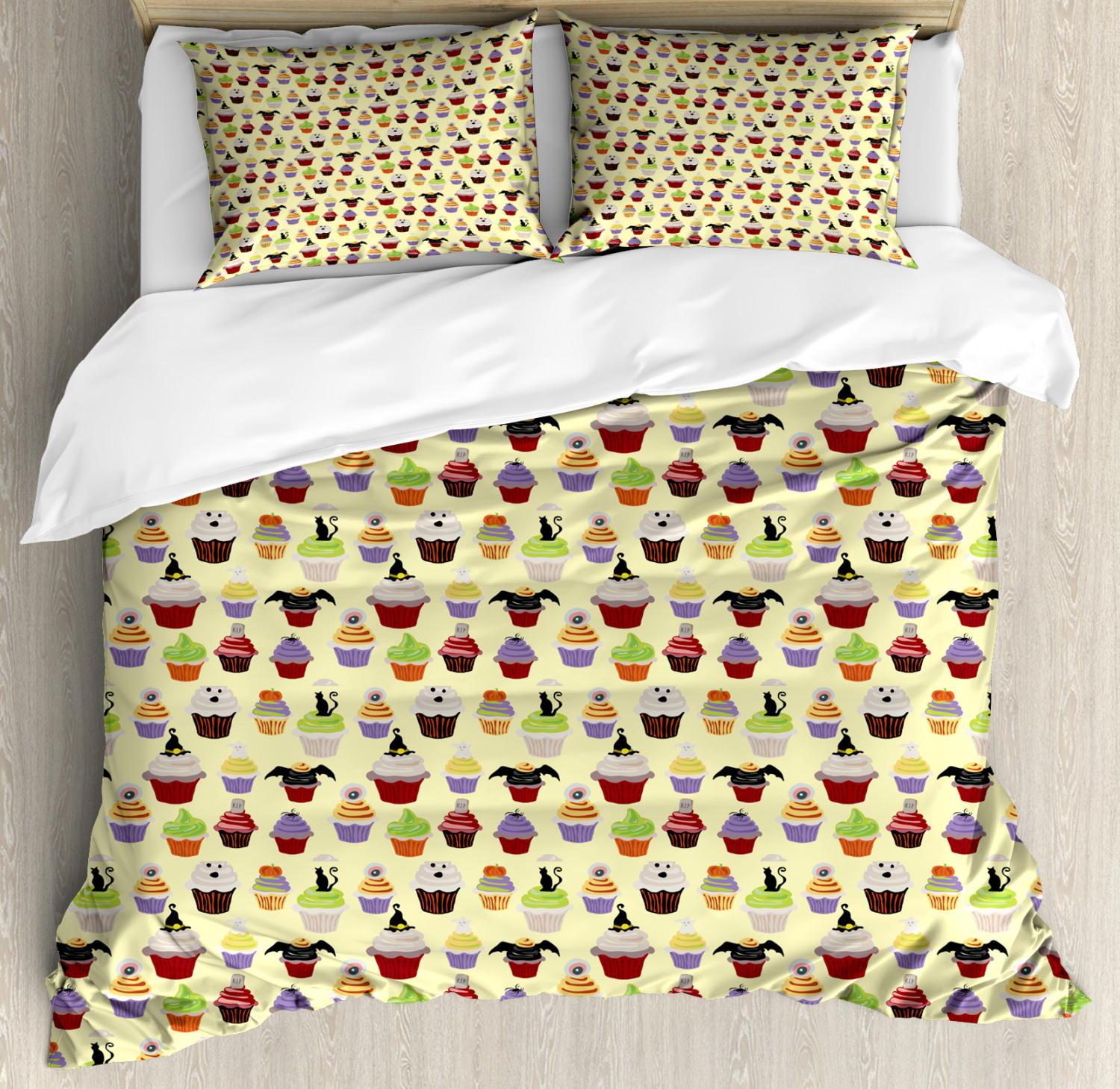 Cupcake Duvet Cover Set King Size, Halloween Themed Delicious Scary ...