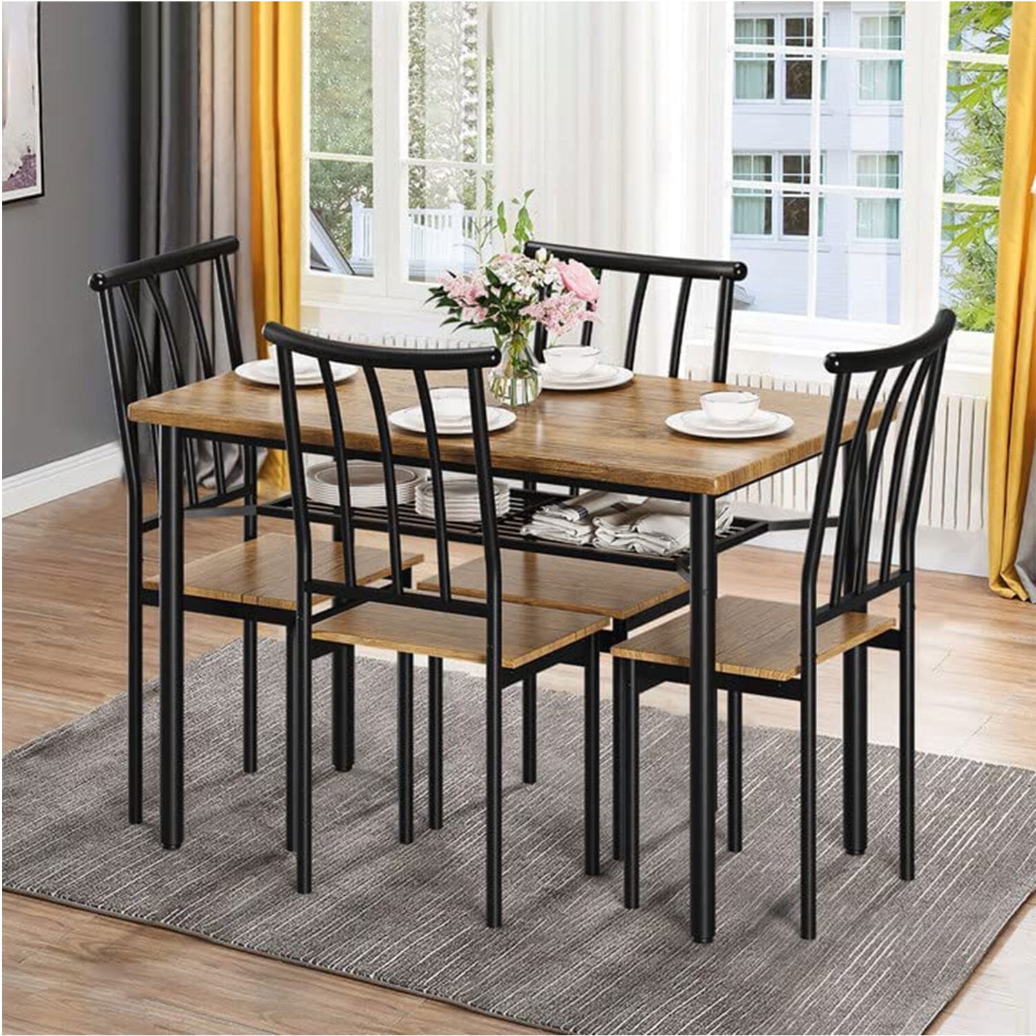 HOSSLLY 5-Piece Kitchen Dining Table Set Wood Table Top w/Storage Rack ...