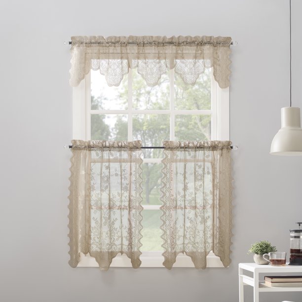 No. 918 Quinn Floral Lace Sheer Rod Pocket Kitchen Curtains, 58"x36 ...