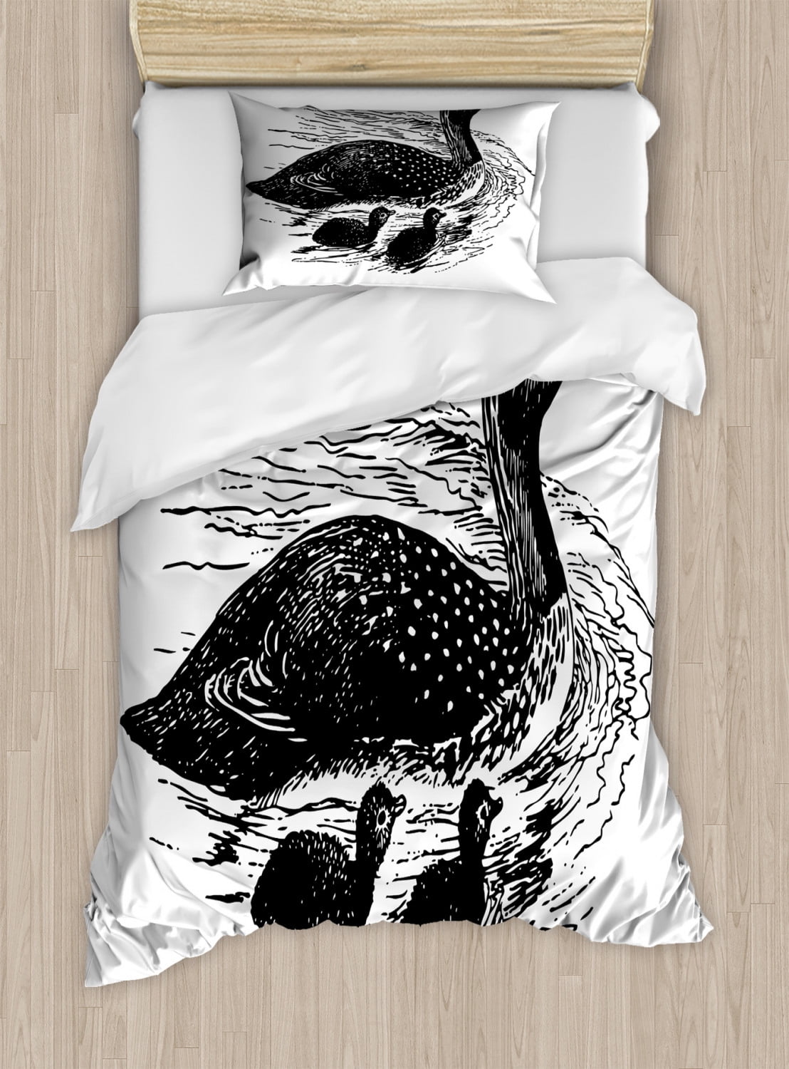 Loon Duvet Cover Set Twin Size, Hand Drawn Animalistic Family Sketch ...