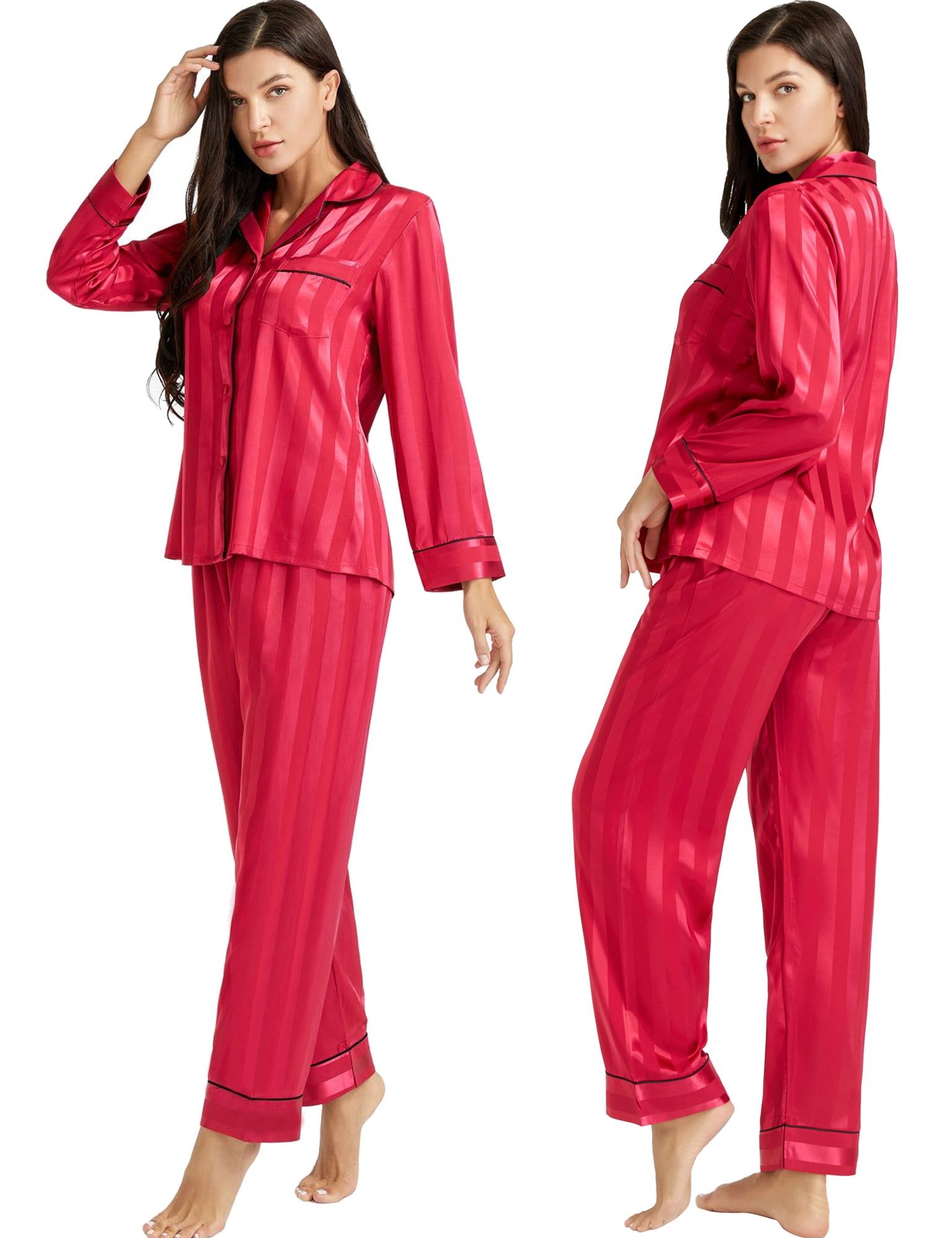 Lonxu Womens Satin Pajama Set Long Sleeve Lounge Sets Two Piece Button