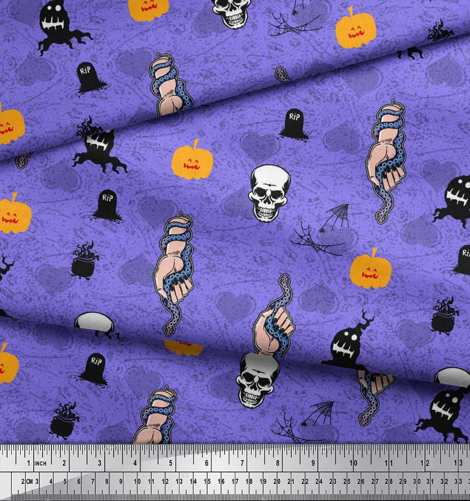 Soimoi Purple Velvet Fabric Hand,Snake & Skull Halloween Print Fabric ...