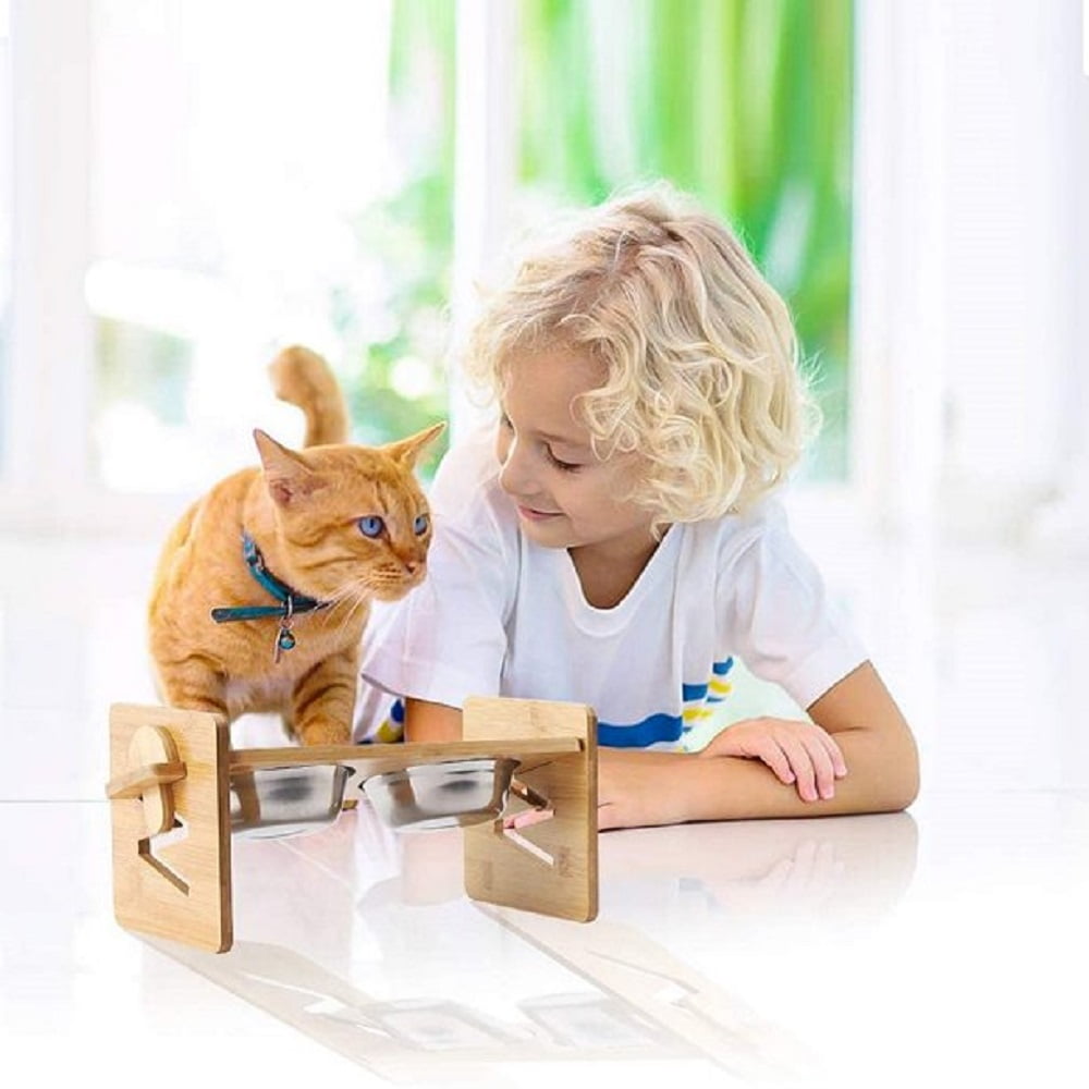Pet Bowls for Cat and Dog - Adjustable Bamboo Frame Height with 2 ...