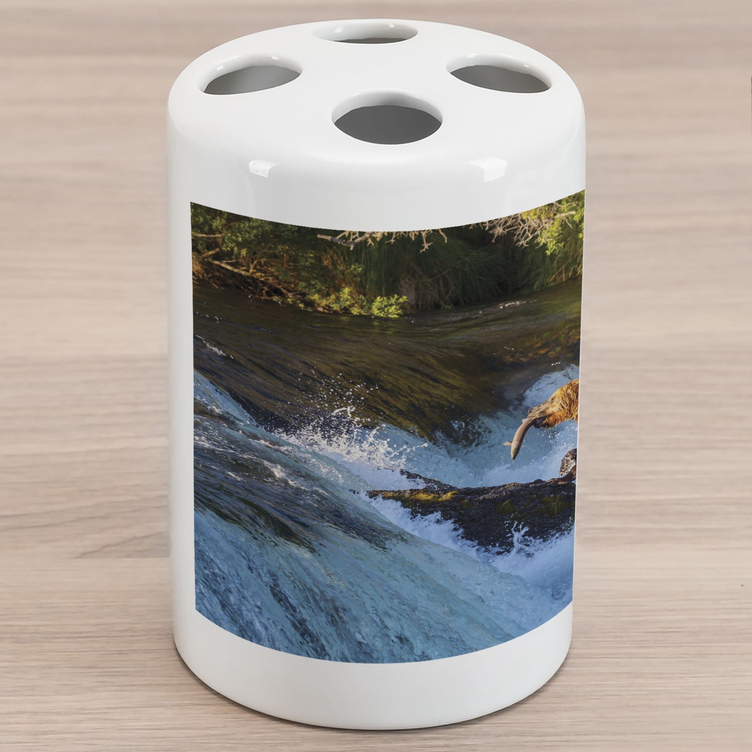 Waterfall Ceramic Toothbrush Holder, Image of Large Bear by a Rock in ...
