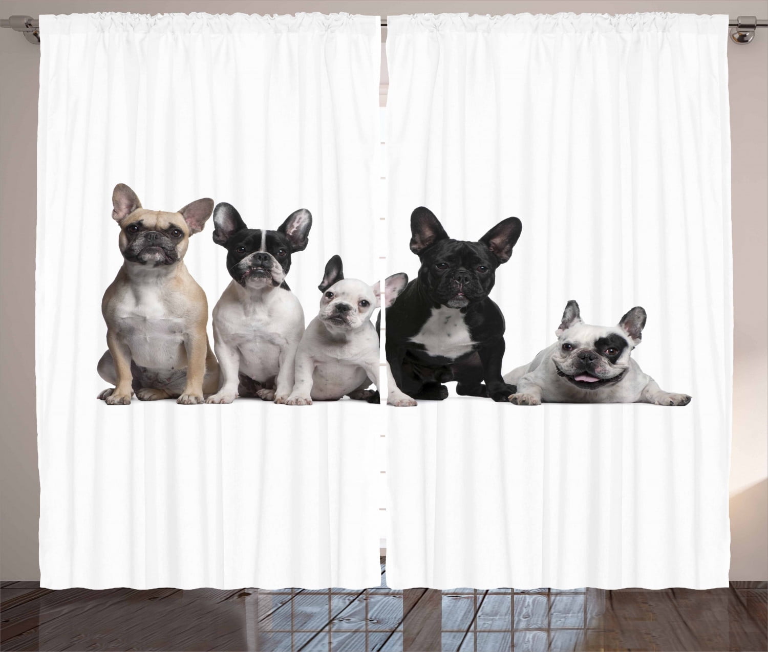 Bulldog Curtains 2 Panels Set, Group of Young French Bulldogs with ...