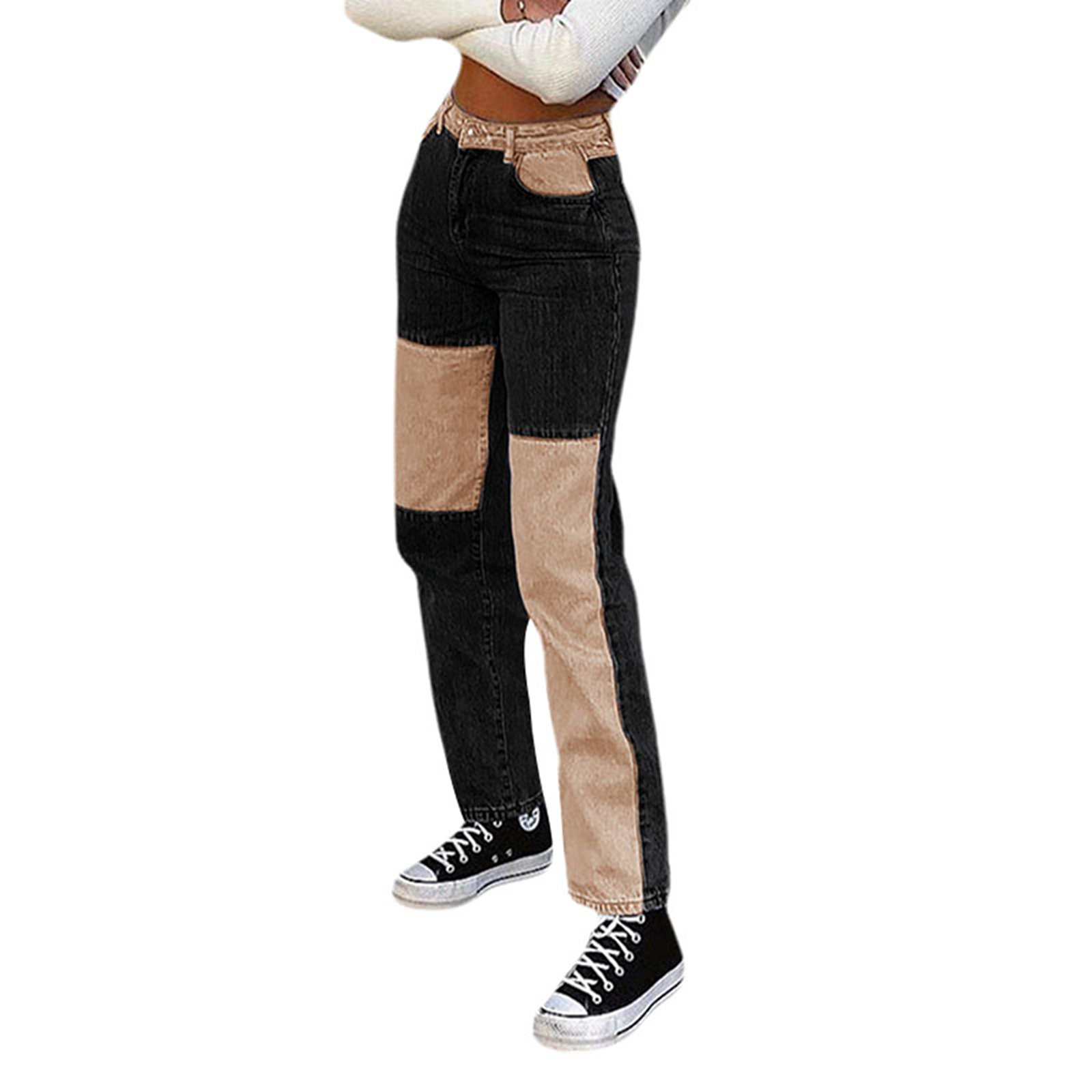 COUTEXYI Women´s Jeans Splicing Cutting Color Block Trousers Street Hip ...