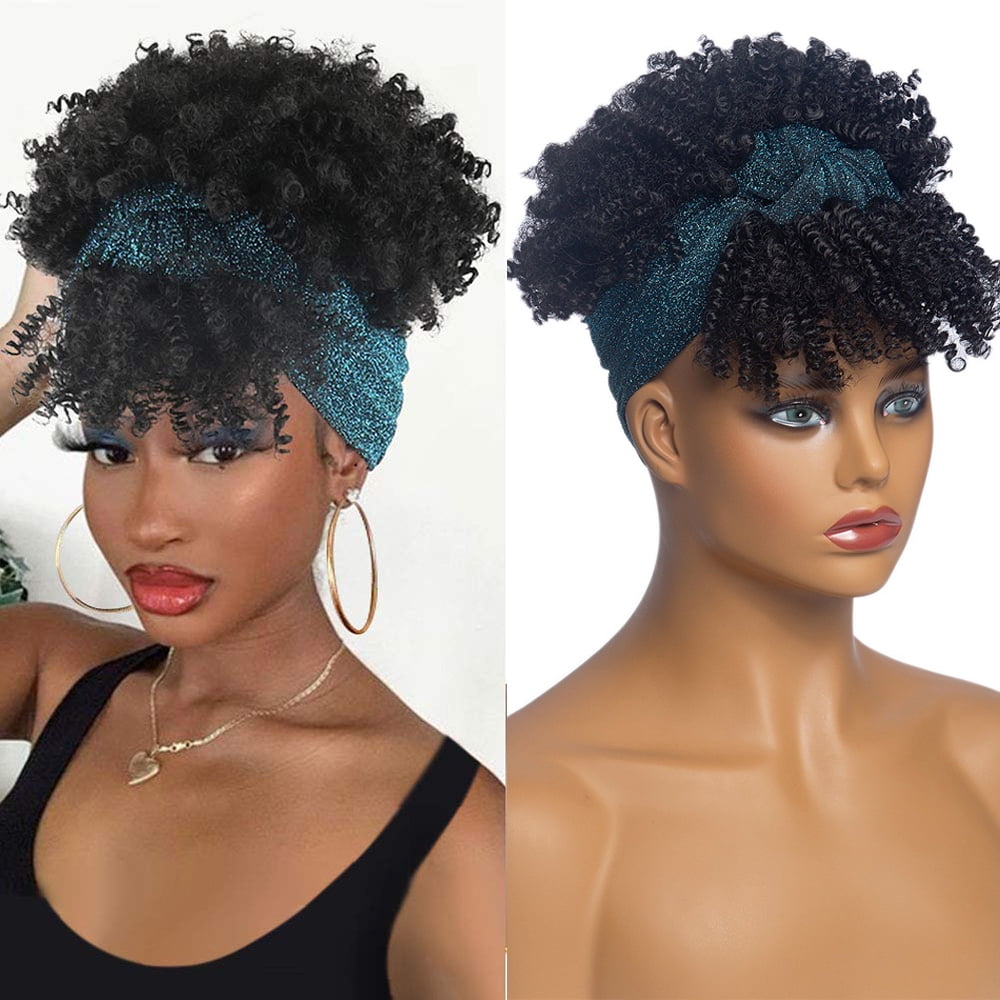 Synthetic Curly Headband Wig with Bangs Turban Drawstring Wig Headwrap ...