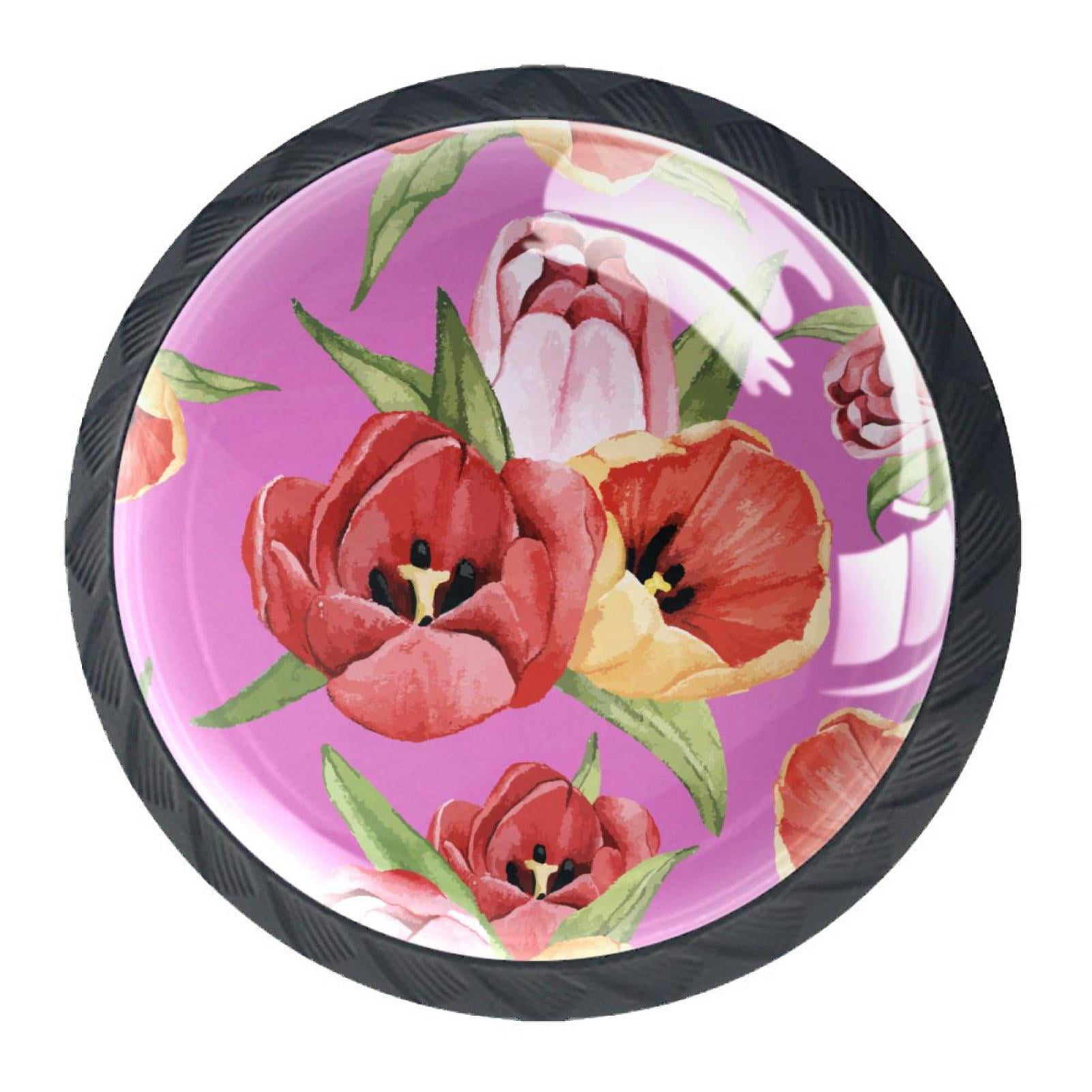 4 Pcs Red Tulip Flowers Knobs for Kitchen Cabinet Cupboard Dresser Bookcase Drawer Pulls Handles ...