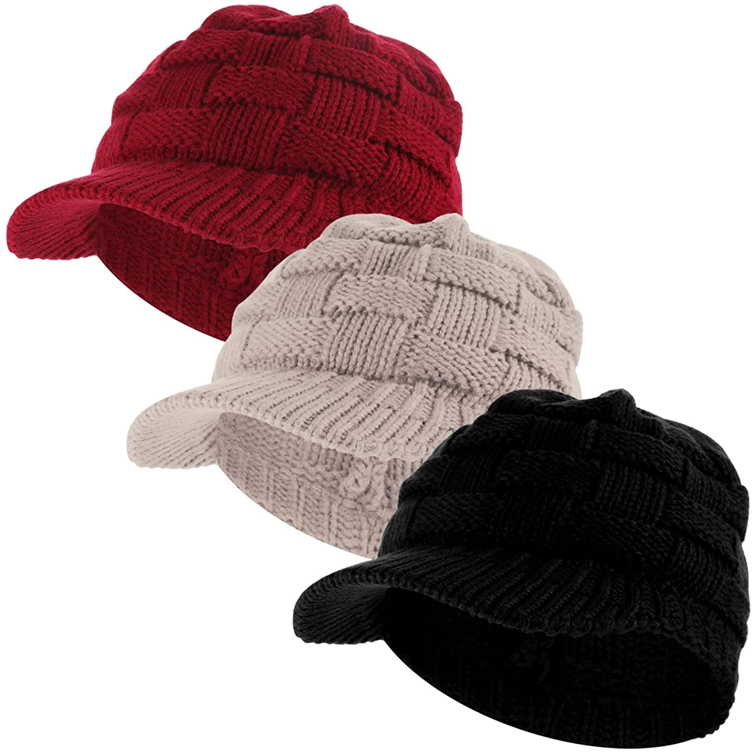 SATINIOR 3 Pieces Brimmed Beanie Winter Hats for Women Beanie Hats with ...