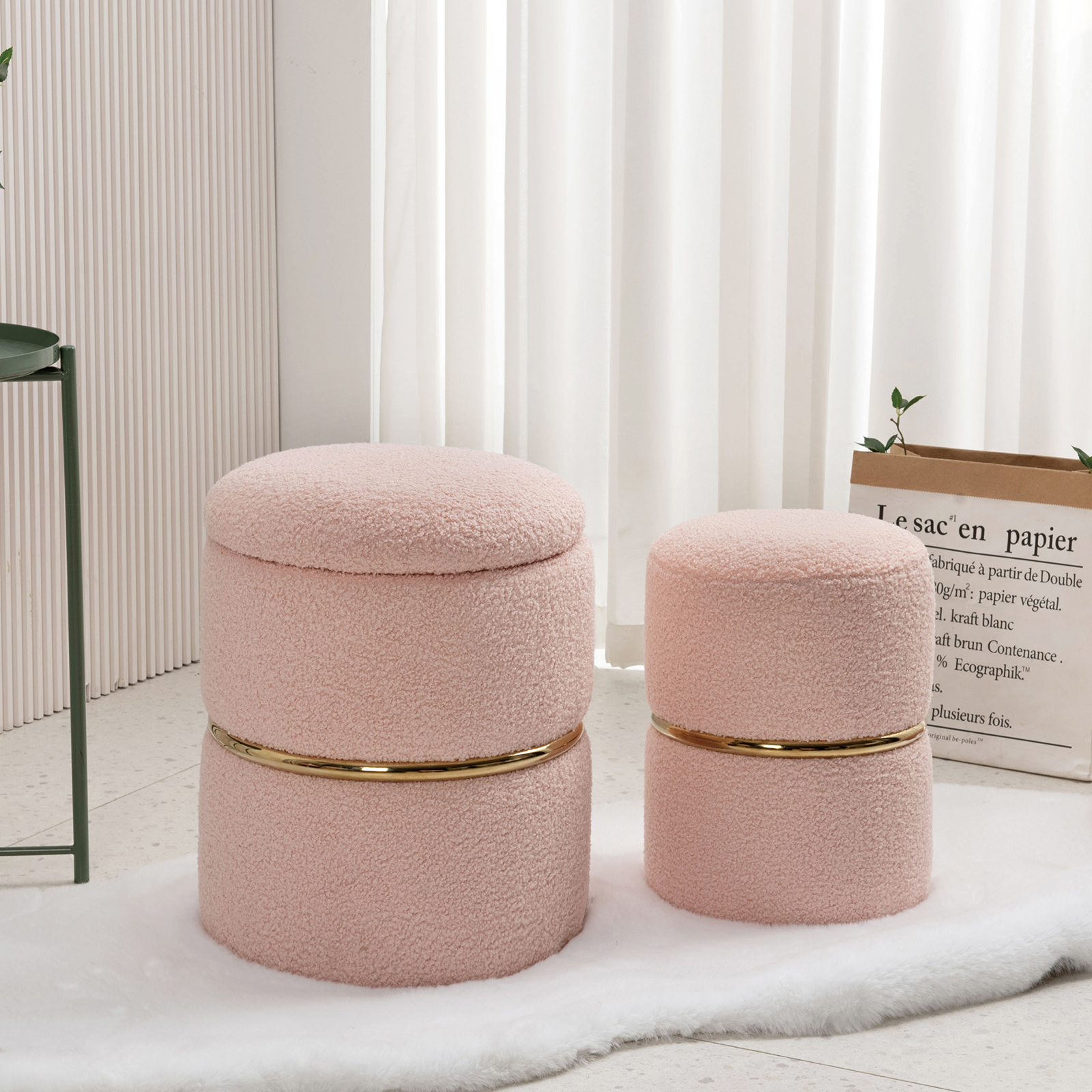 Furniliving Pink Sherpa Ottoman Round Storage Ottoman Footrest ...