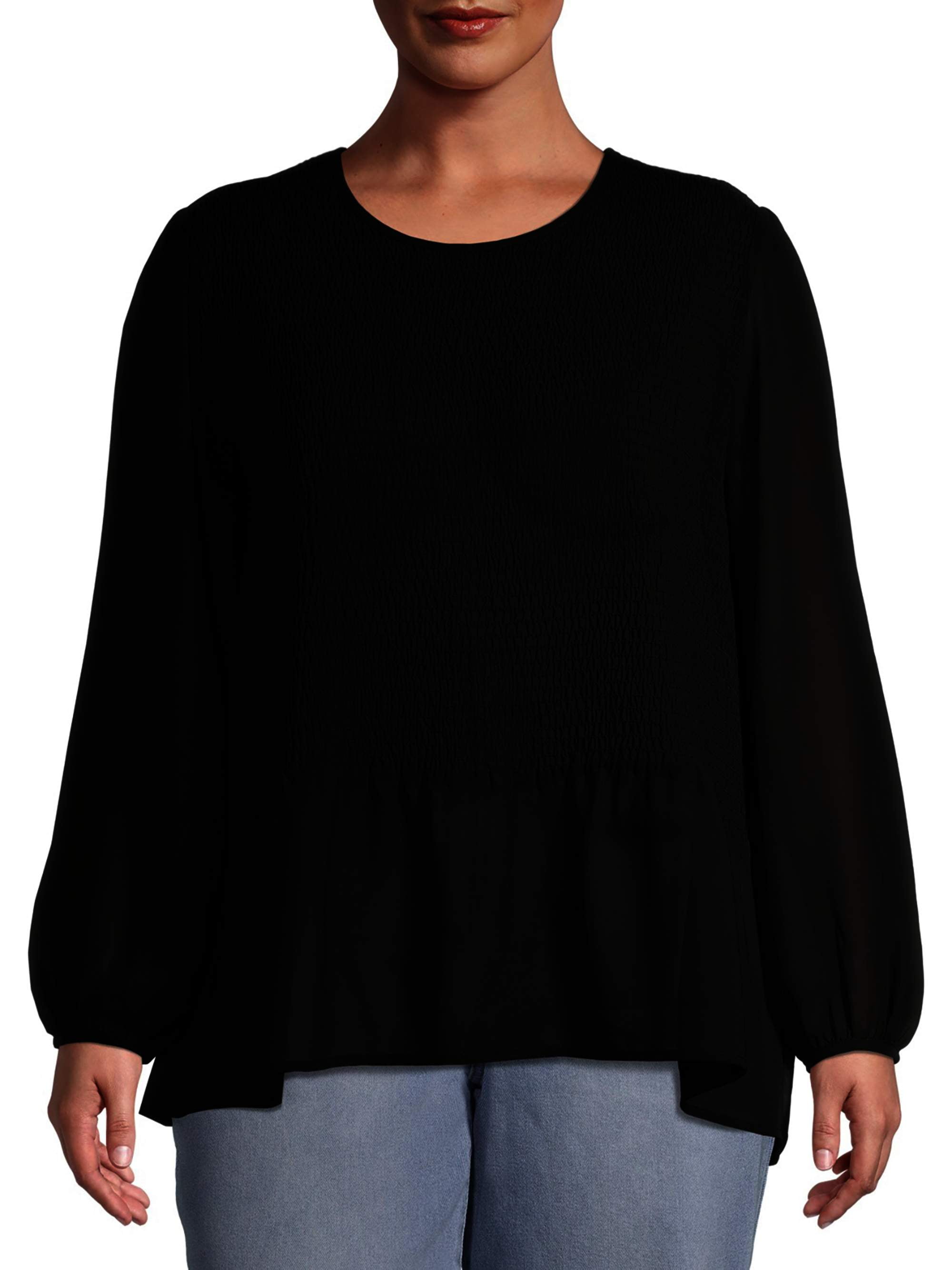 Terra And Sky Terra And Sky Womens Plus Size Long Sleeve Smocked Bodice