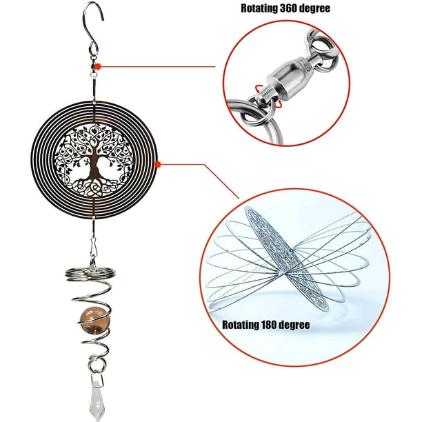 3D Tree of Life Wind Spinner Hanging with Gazing Ball Spiral Tail, 360 ...