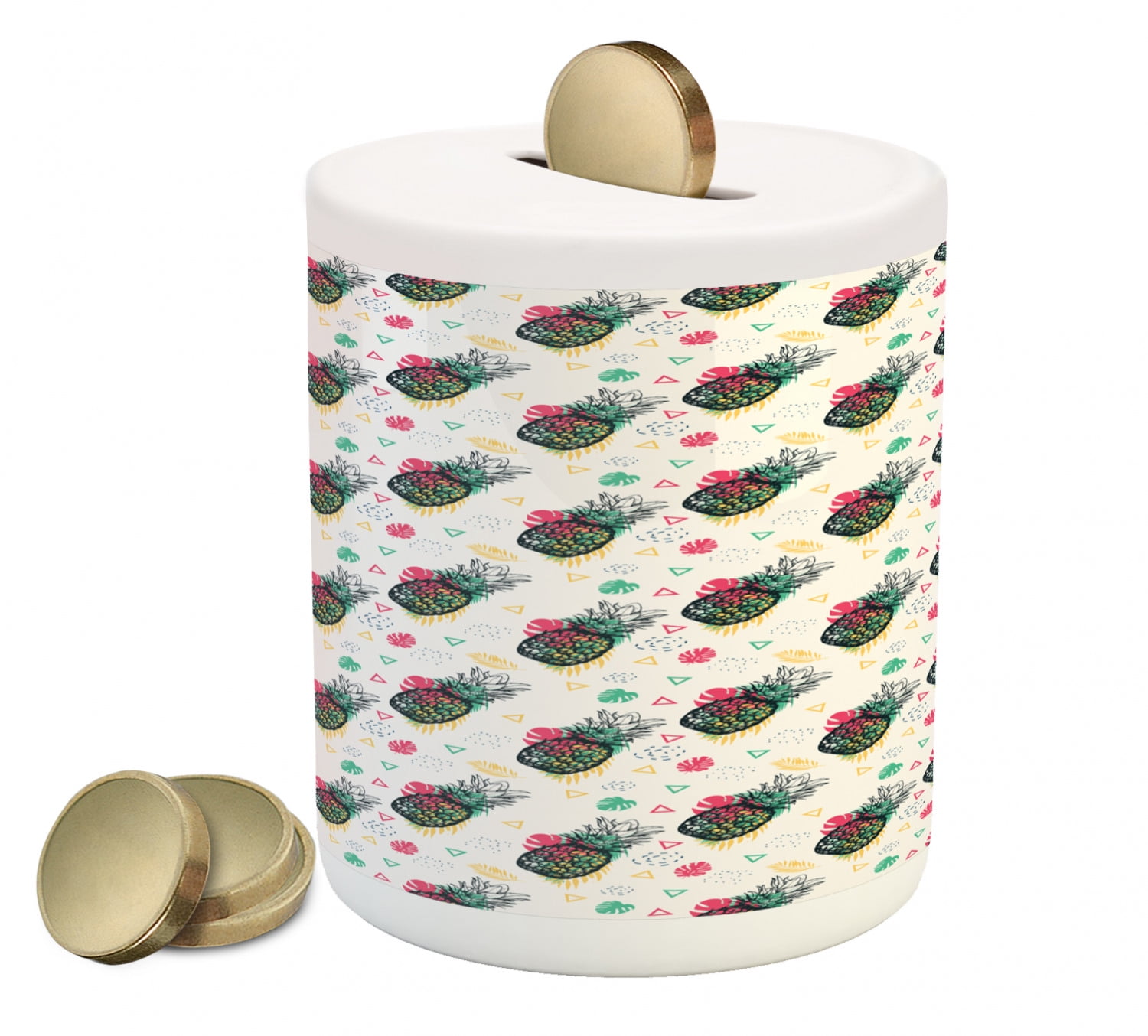 Pineapple Piggy Bank, Hand Drawn Sketch Fruits with Colorful Triangles ...