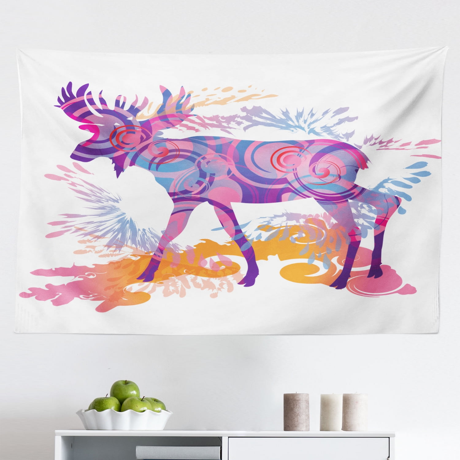Moose Tapestry, Colorful Antlers Boho Deer Retro Winter Rain Pattern ...