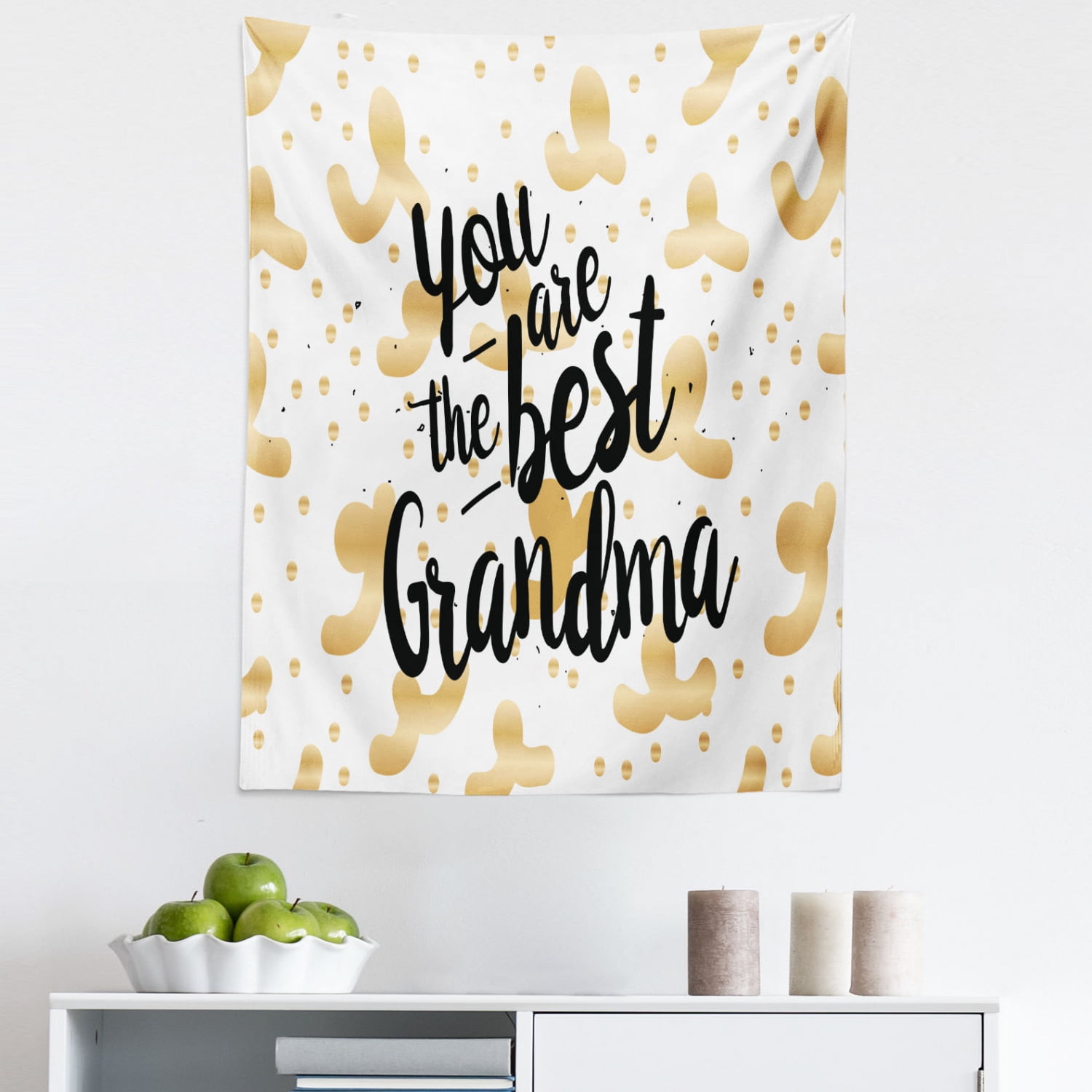 Grandma Tapestry, Monochrome Words with Beige Dots and Swirls ...