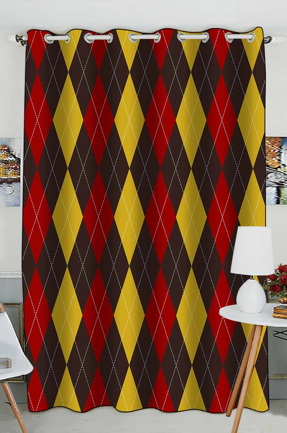 ABPHQTO Brown Red Yellow Argyle Window Curtain Kitchen Curtain Window ...