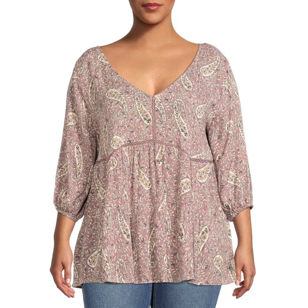 Romantic Gypsy Women's Plus Size Lace Inset V-Neck Top with Long ...