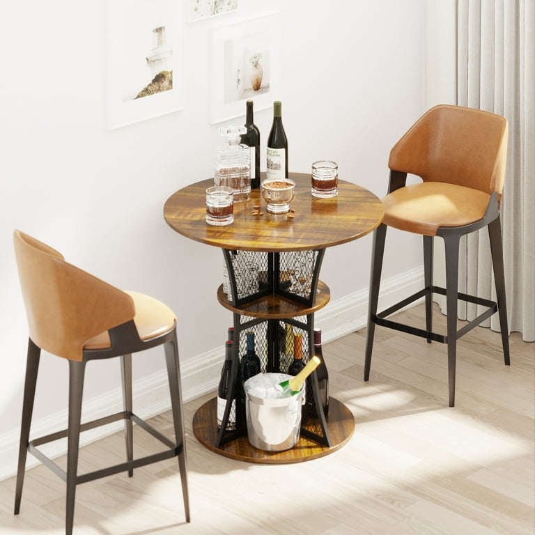Yoneston 30 Inch Round Dining Table Wood Metal Base Kitchen Table with 8 Storage Shelves for Bistro Kitchen Dining Room Living Room Rustic Brown