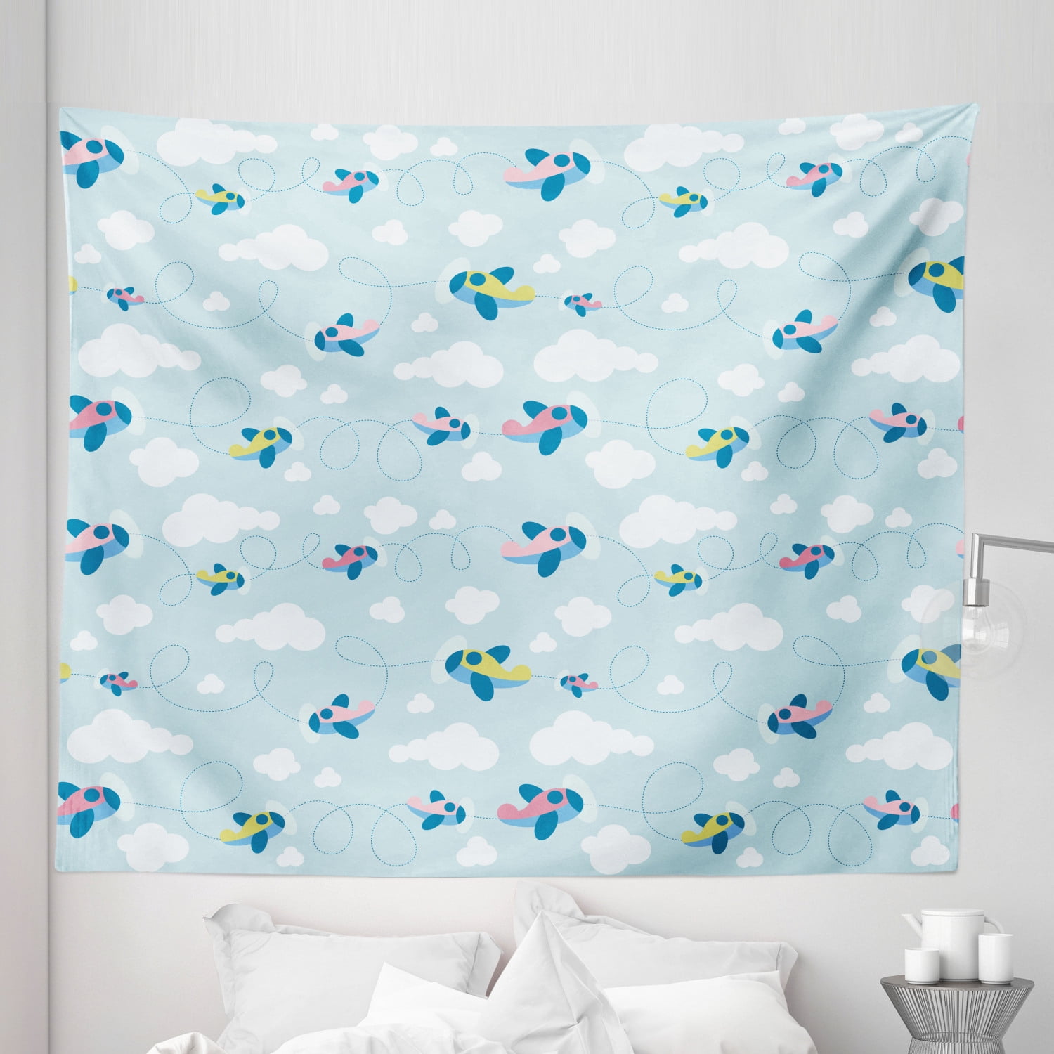 Plane Tapestry, Cartoon Style Sky with Airplanes and Clouds Swirls ...