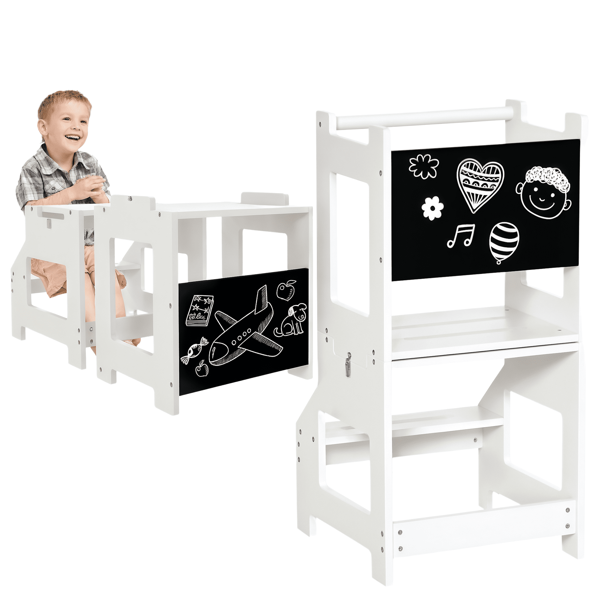 Qaba 2-in-1 Kids Kitchen Helper Step Stool with Rail Chalkboard White ...