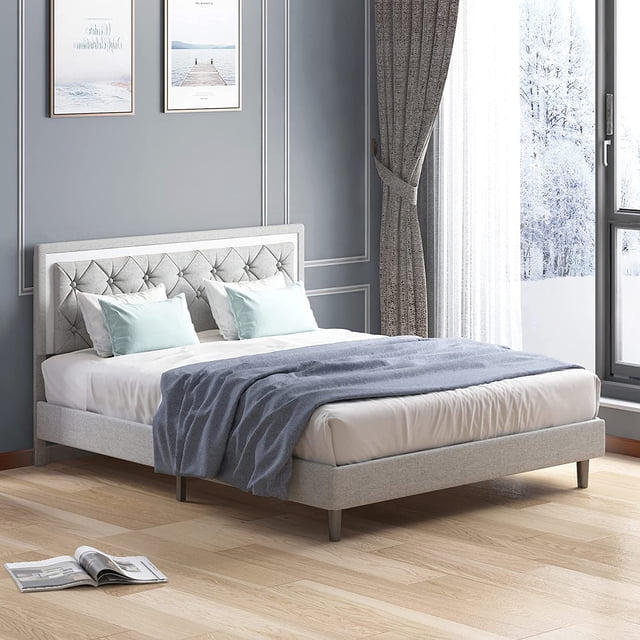 Mjkone King Size Bed Frames with Headboard, Upholstered Bed Frame with ...