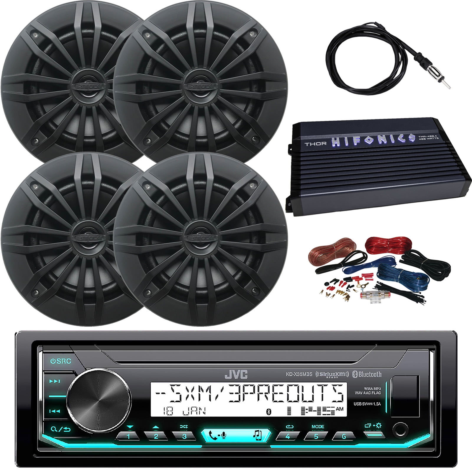 JVC KD-X35MBS Marine Single-DIN AM/FM Bluetooth SiriusXM Ready Receiver, 4 x Enrock 6.5" 2-Way ...