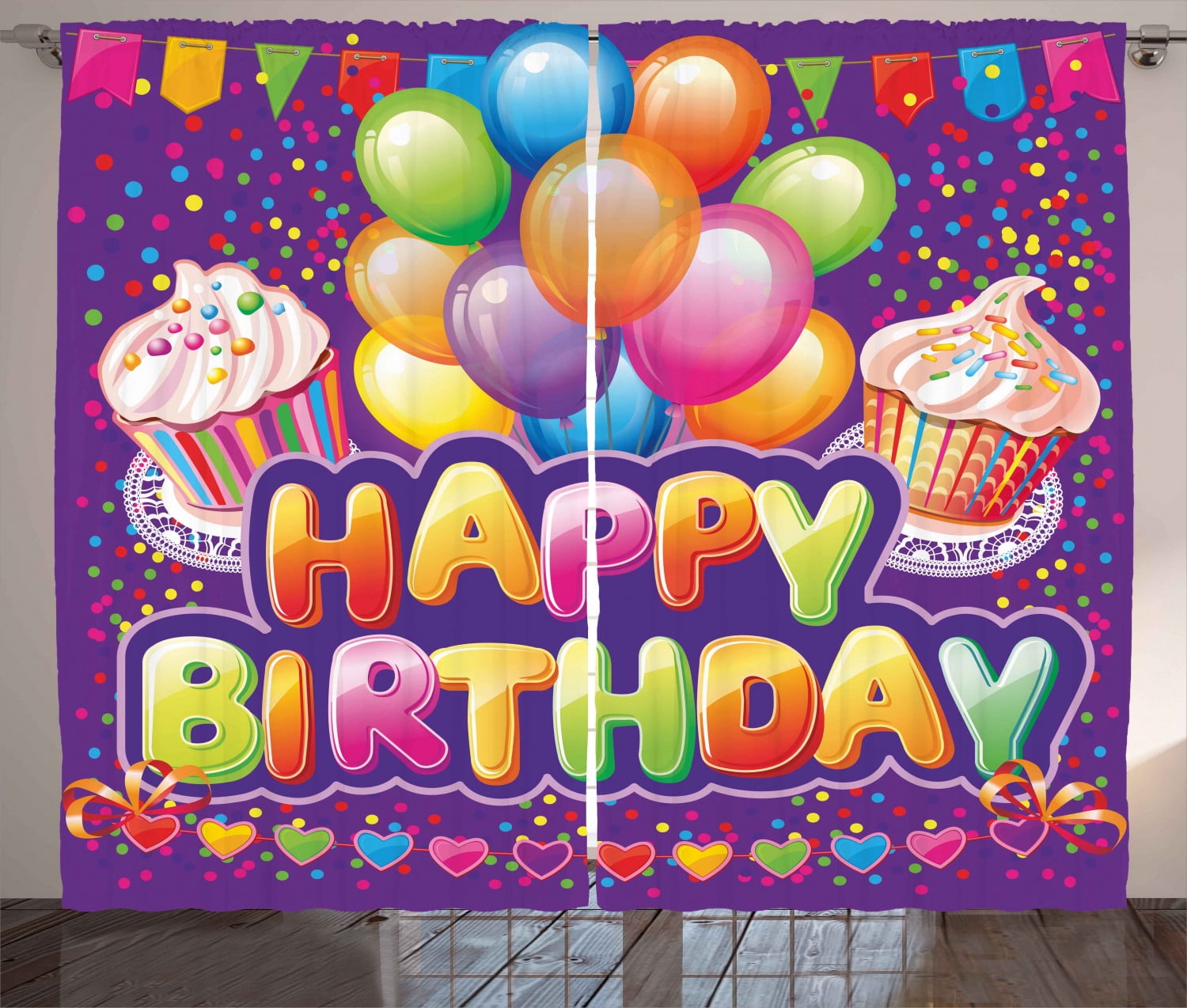 Birthday Curtains 2 Panels Set, Purple Colored Backdrop with Creamy ...