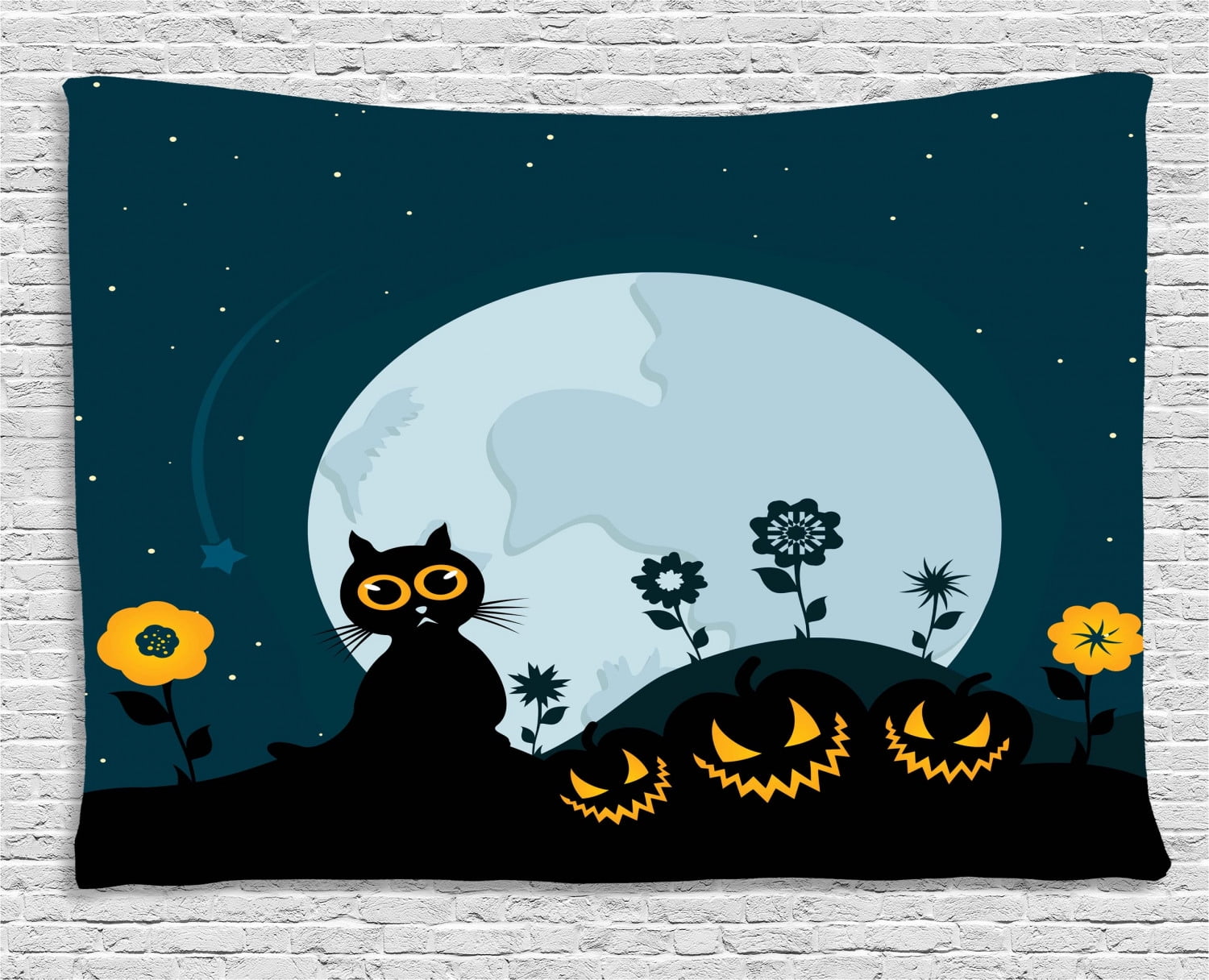Halloween Decorations Tapestry, Cute Cat Moon on Floral Field with ...