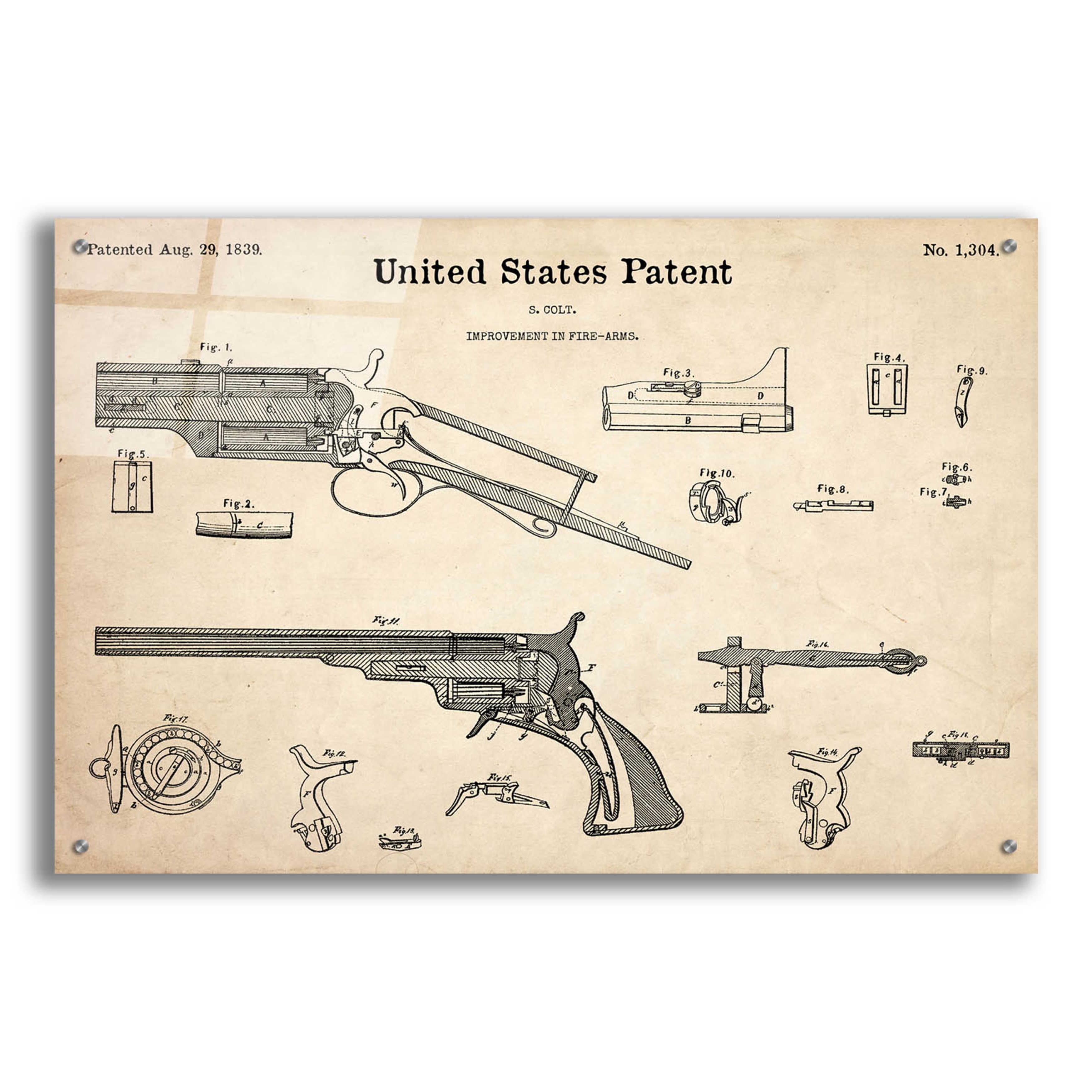 Epic Art 'Colt Revolver Blueprint Patent Parchment,' Acrylic Glass Wall ...