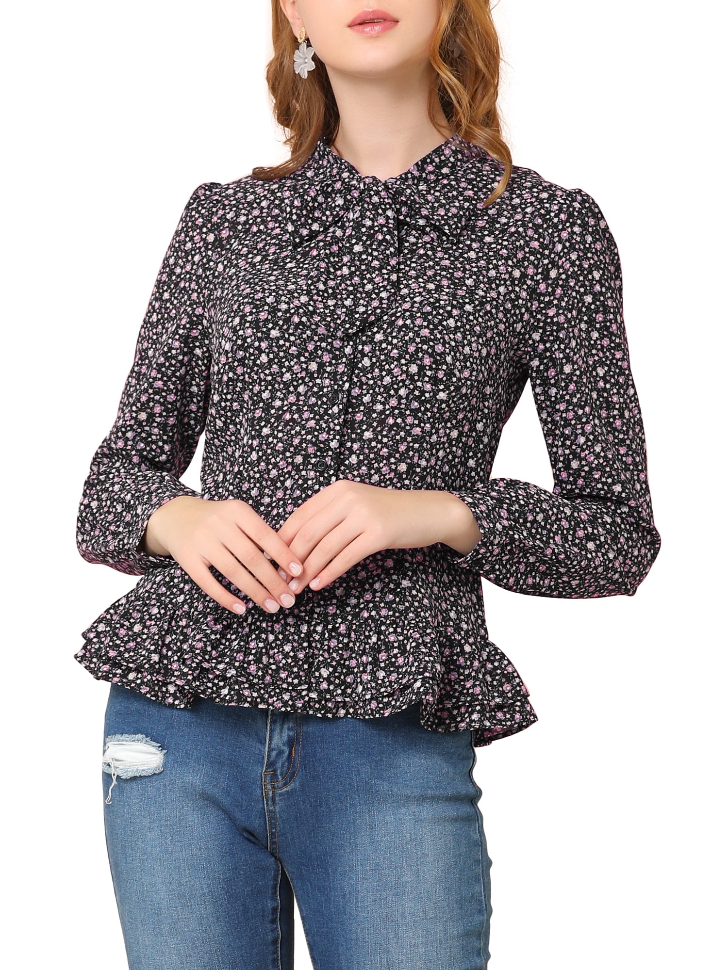 Allegra K Women's Floral Tie Bow Neck Button Down Ruffle Hem Blouse ...