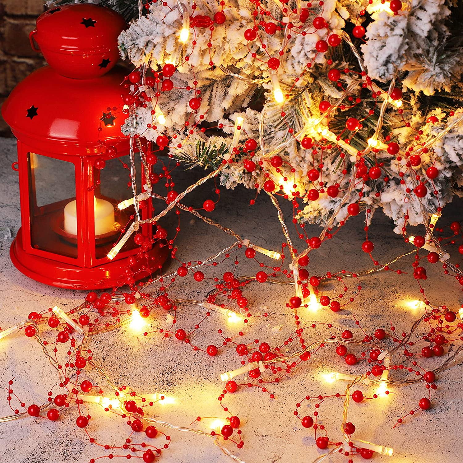 Zukuco 10 Feet Christmas Red Berry Beaded Lights Garland with 20 LED ...