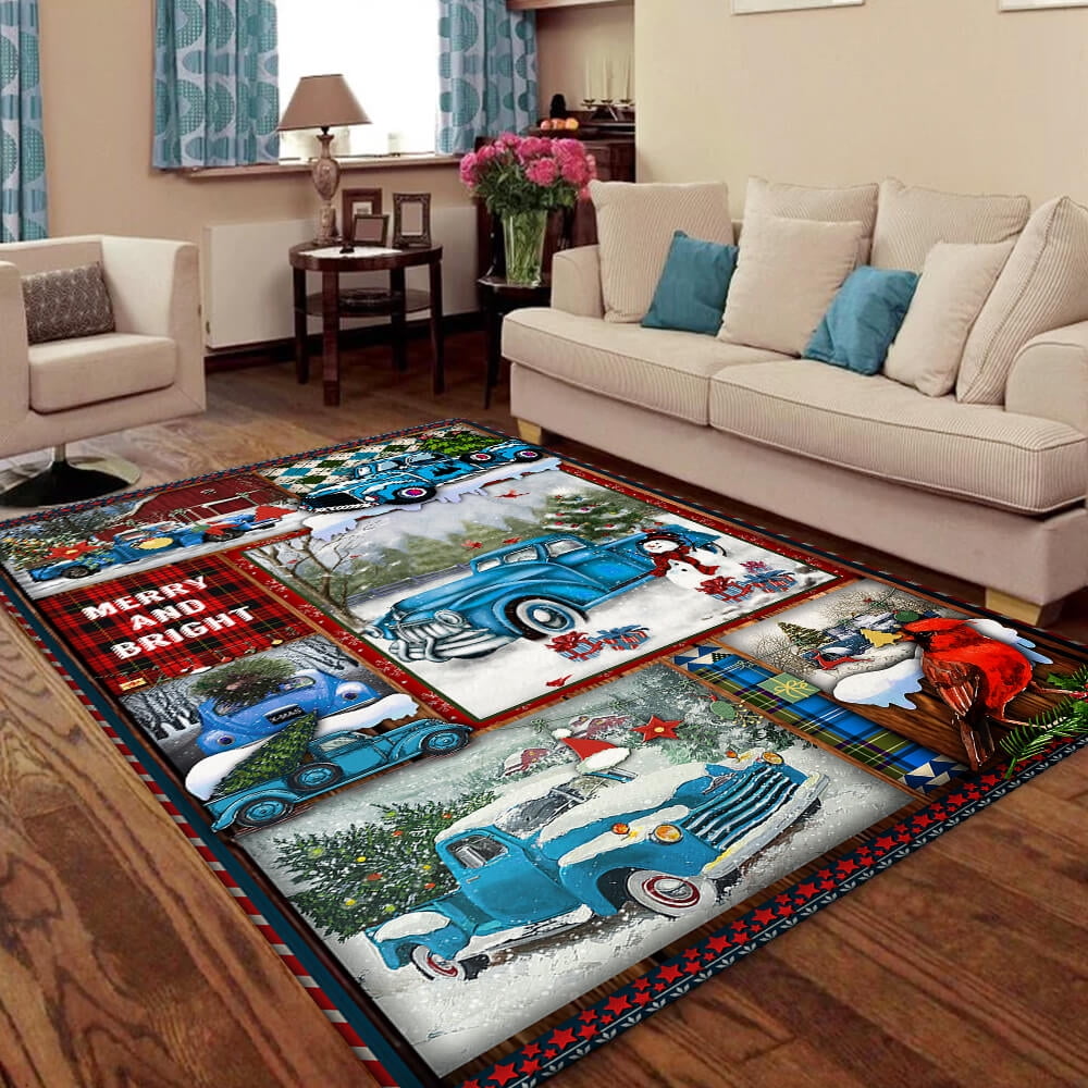 Rectangle Area Rug For Living Room, Bedroom, Blue Truck Christmas Rug ...