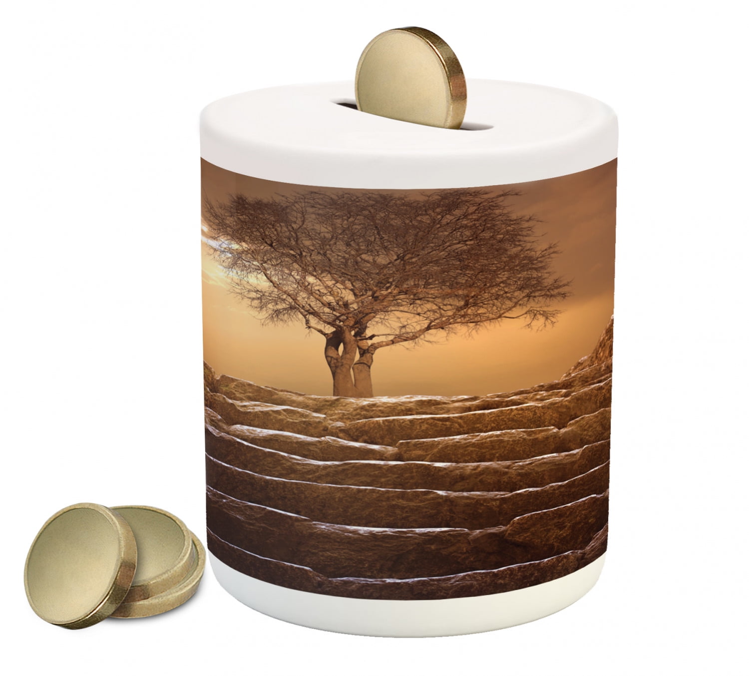 Tree Piggy Bank, Treet Entrance with Stone Stairs Sun Rays Cloudy Sky ...