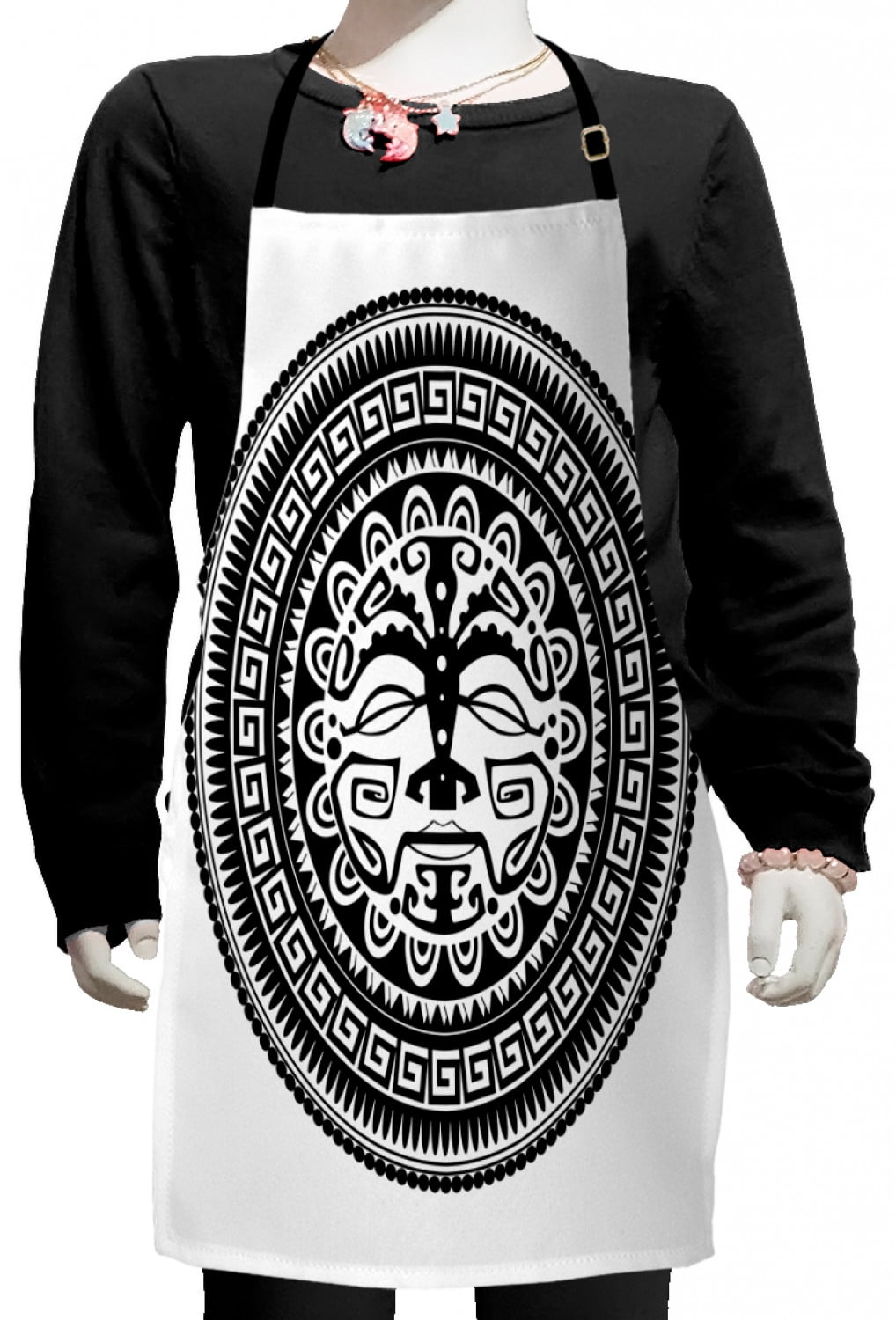 Black and White Kids Apron, Oriental Folklore Mask Motif with Swirls ...
