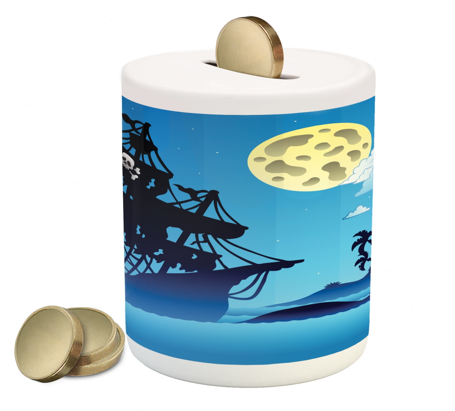 Vintage Boat Piggy Bank, Pirate Ship Moonlight Skull Flag Scary Island ...