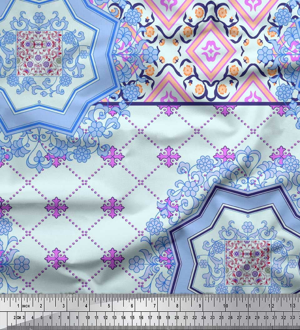 Soimoi Japan Crepe Satin Fabric Check & Mandala Patchwork Print Fabric ...