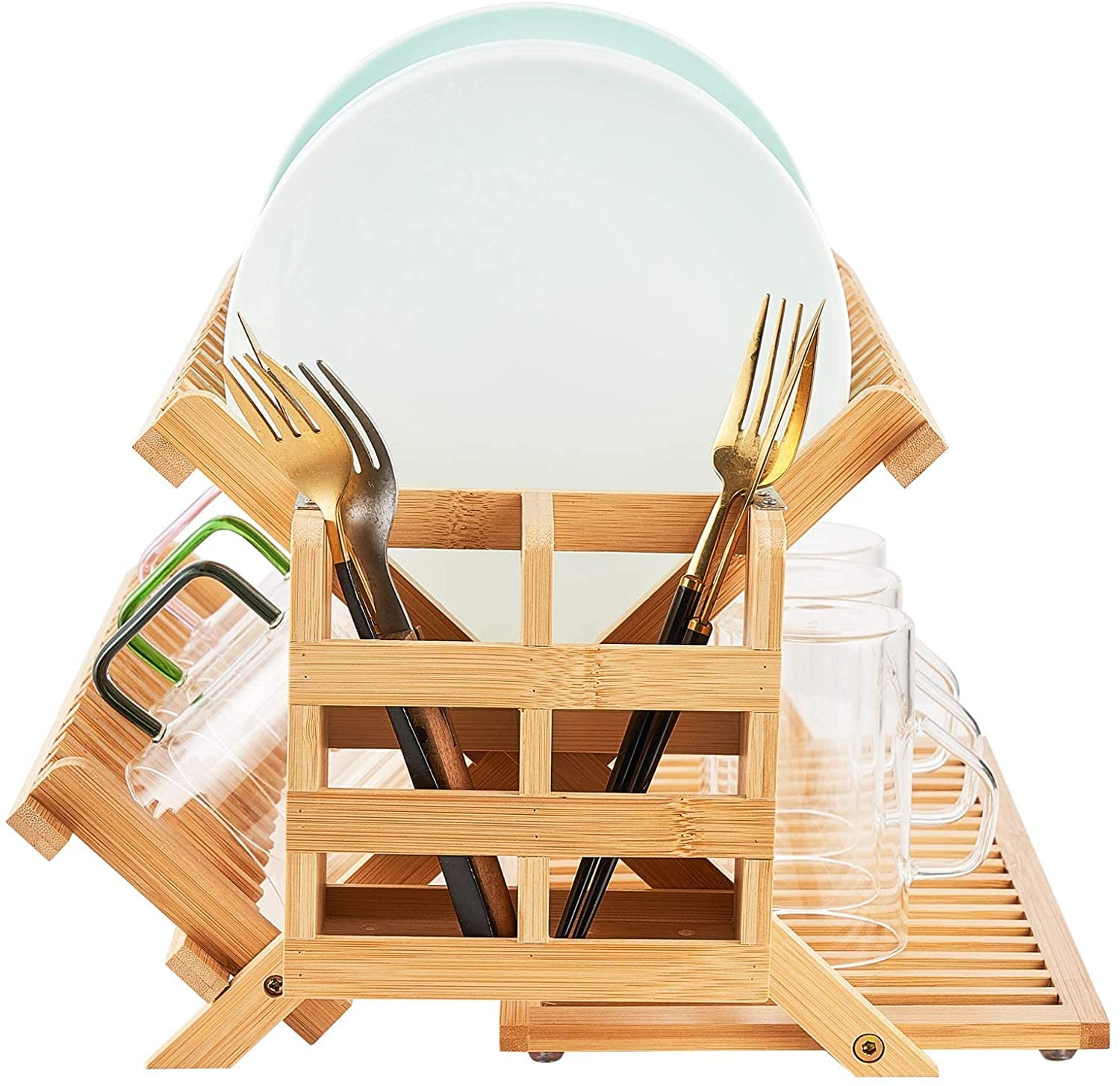 Bamboo Dish Drying Rack,3 Tier Collapsible Dish Rack with Utensil ...