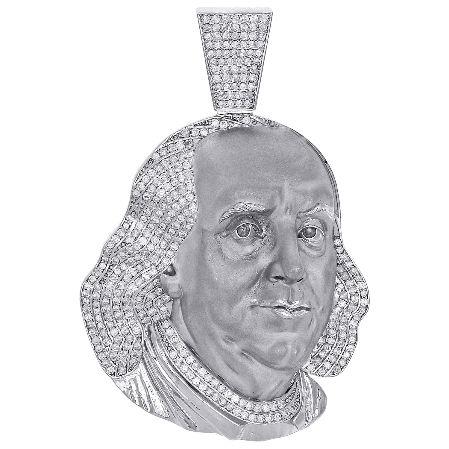 10K White Gold Mens Diamond Benjamin Franklin Face Pendant 2.35" Charm ...