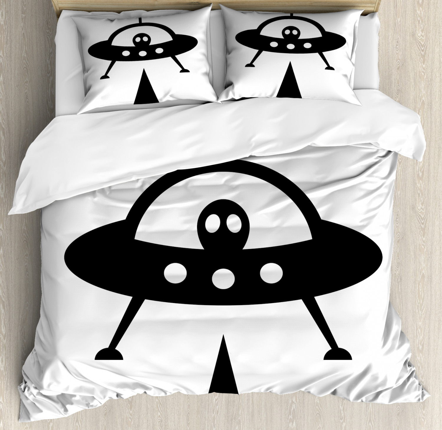 Alien Duvet Cover Set King Size, Monochrome UFO Stamp Look Spaceship ...