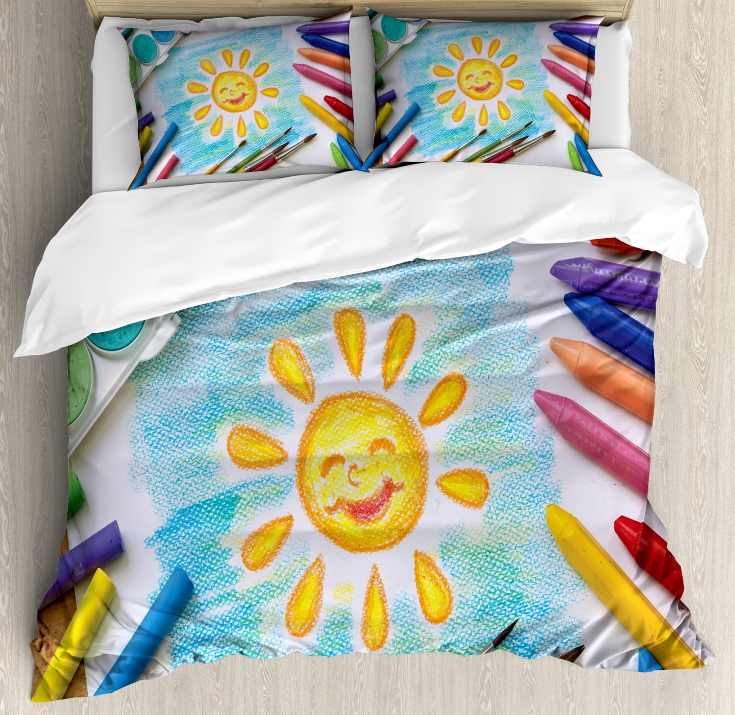 Crayon Duvet Cover Set Queen Size, Photo of Child's Drawing with ...