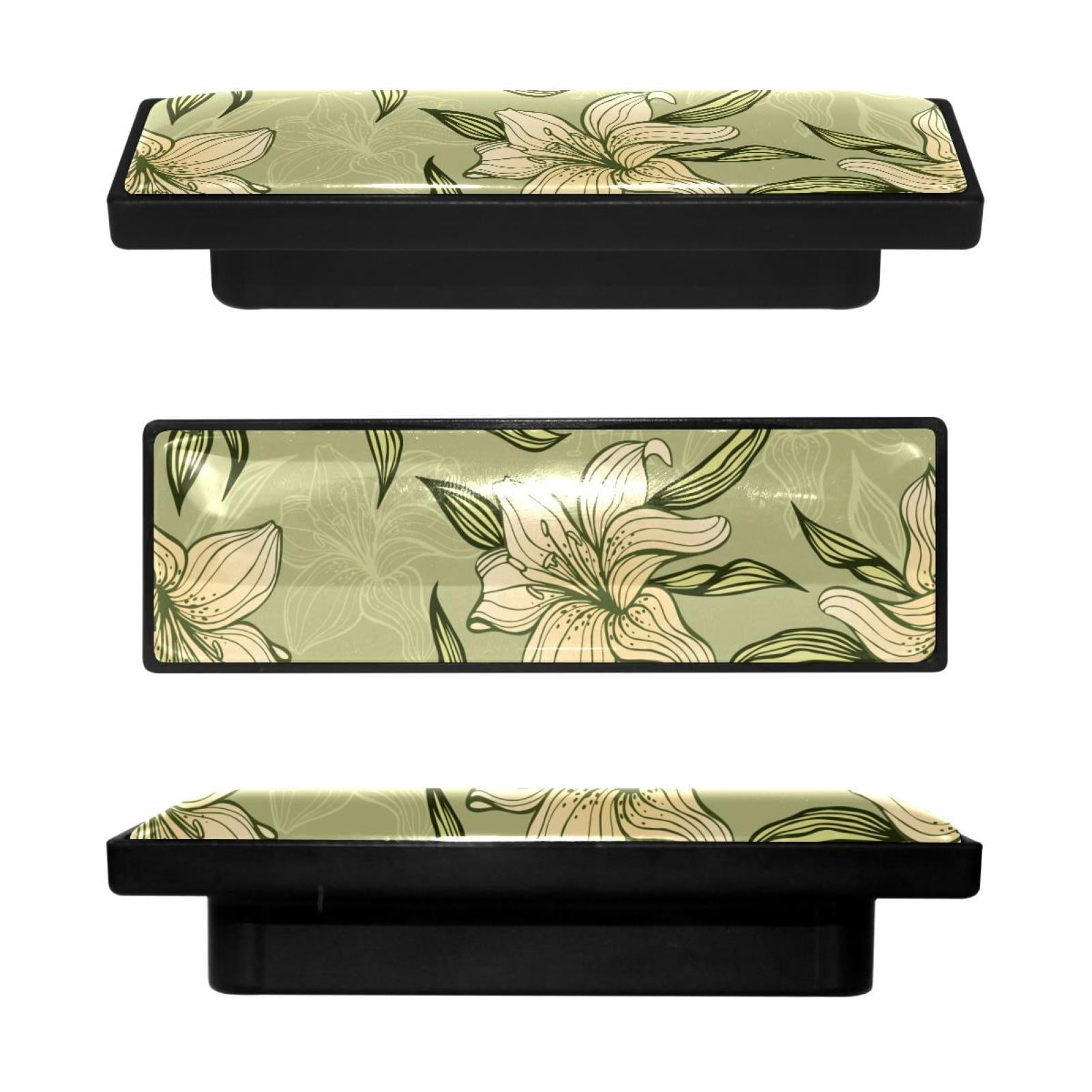 4 Pcs Rectangle Cabinet Handle Cupboard Knob Drawer Pulls Handle Green Lily Flowers Drawer Knobs ...