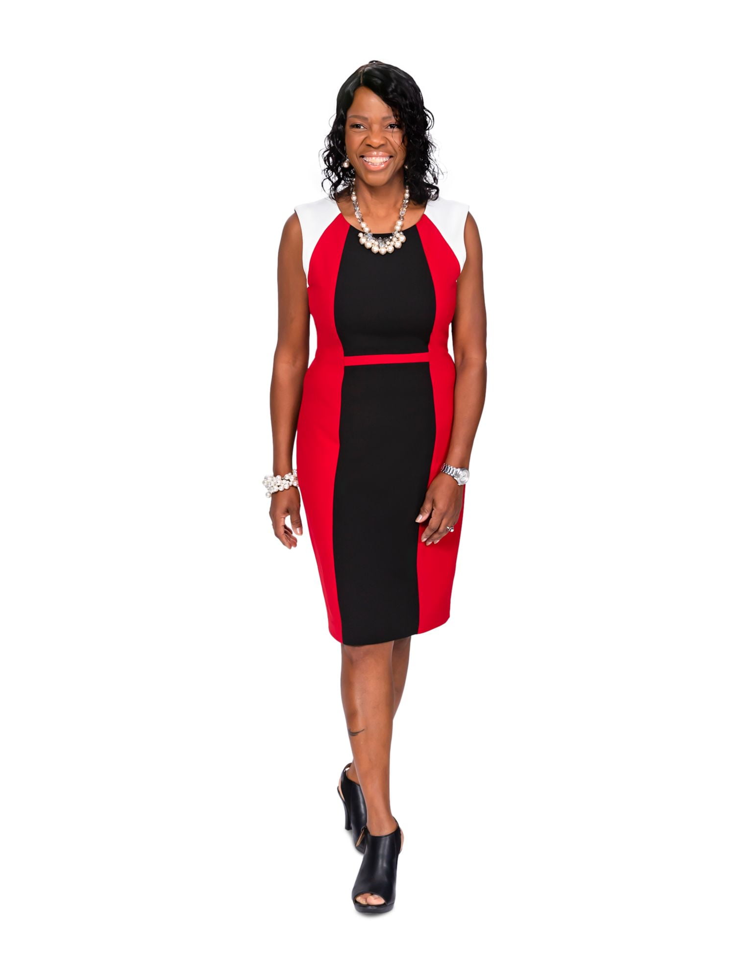 KASPER Womens Red Zippered Color Block Sleeveless Round Neck Knee ...