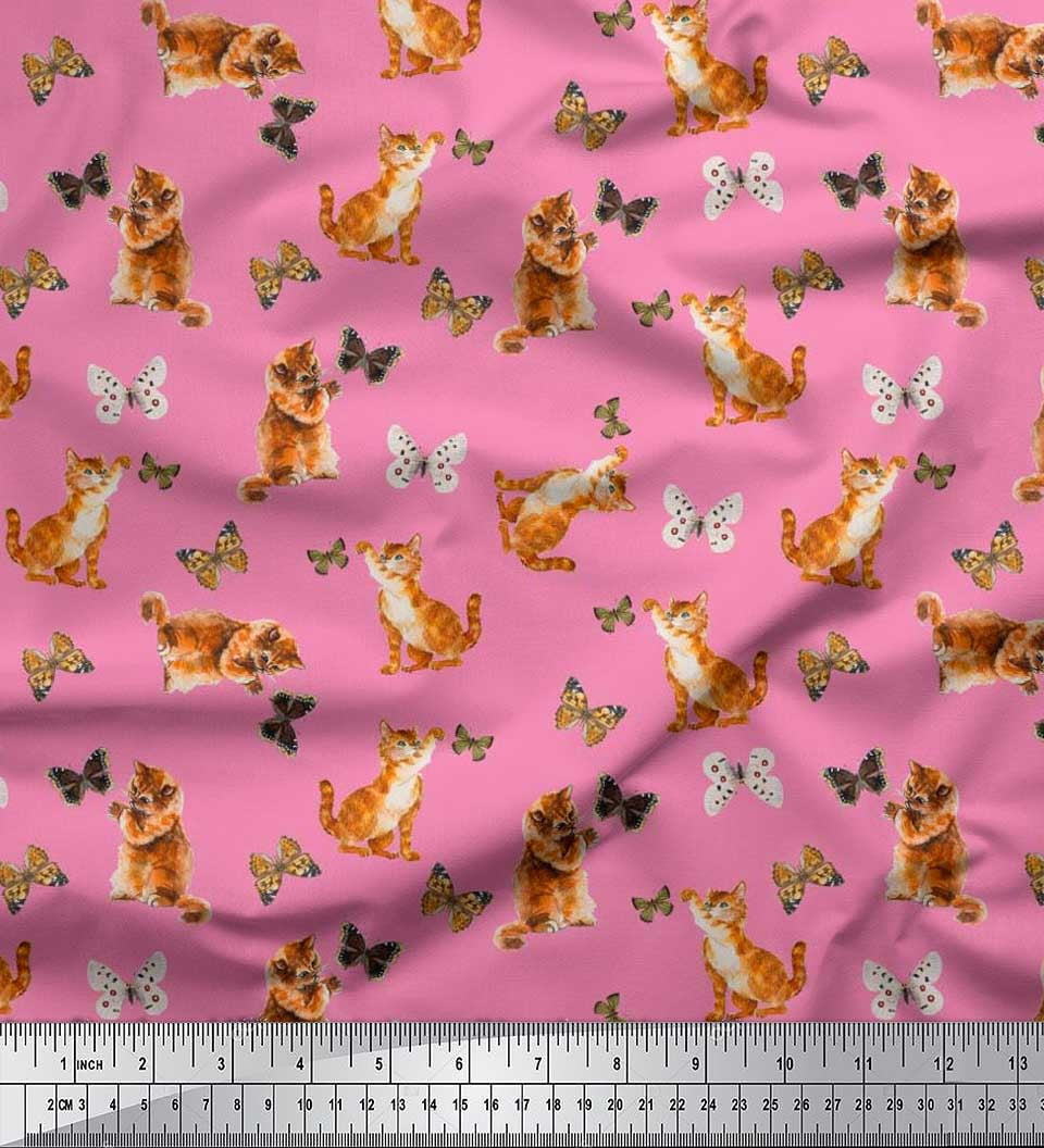 Soimoi Pink Cotton Duck Fabric Insect & Cat Animal Print Fabric by The ...