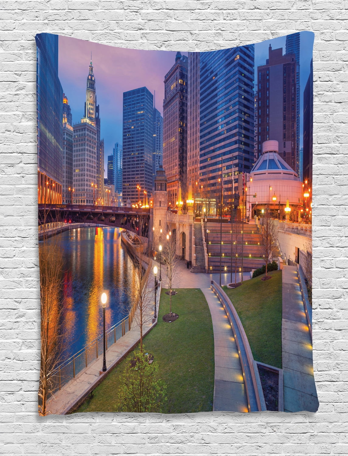 Chicago Skyline Tapestry, Cityscape Urban Scene Waterfront Illuminated ...