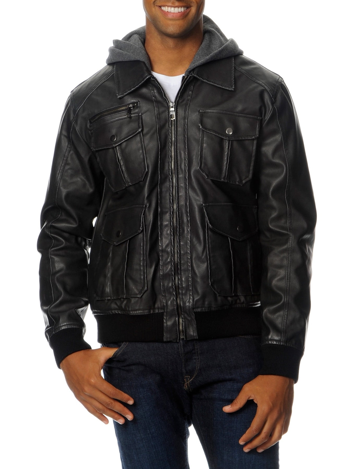 EXcelled Men's Faux Leather Jacket with Hood and Bib - Walmart.com