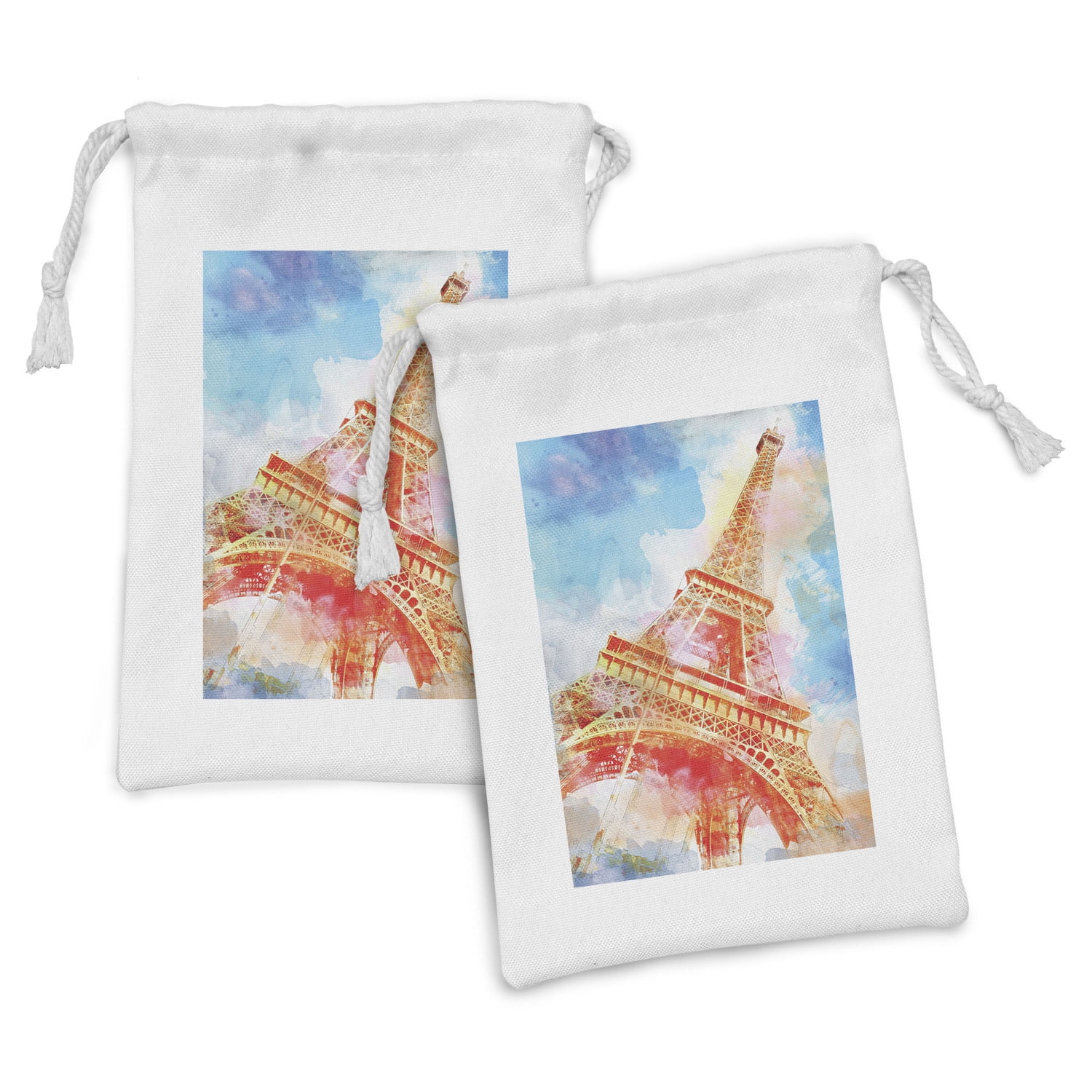 Eiffel Tower Fabric Pouch Set of 2, Watercolor Painted Linework Eiffel ...