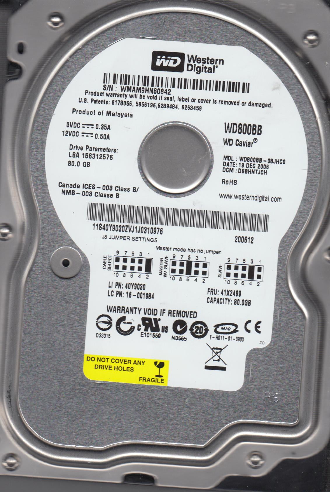 WD800BB-08JHC0, DCM DSBHNTJCH, Western Digital 80GB IDE 3.5 Hard Drive ...