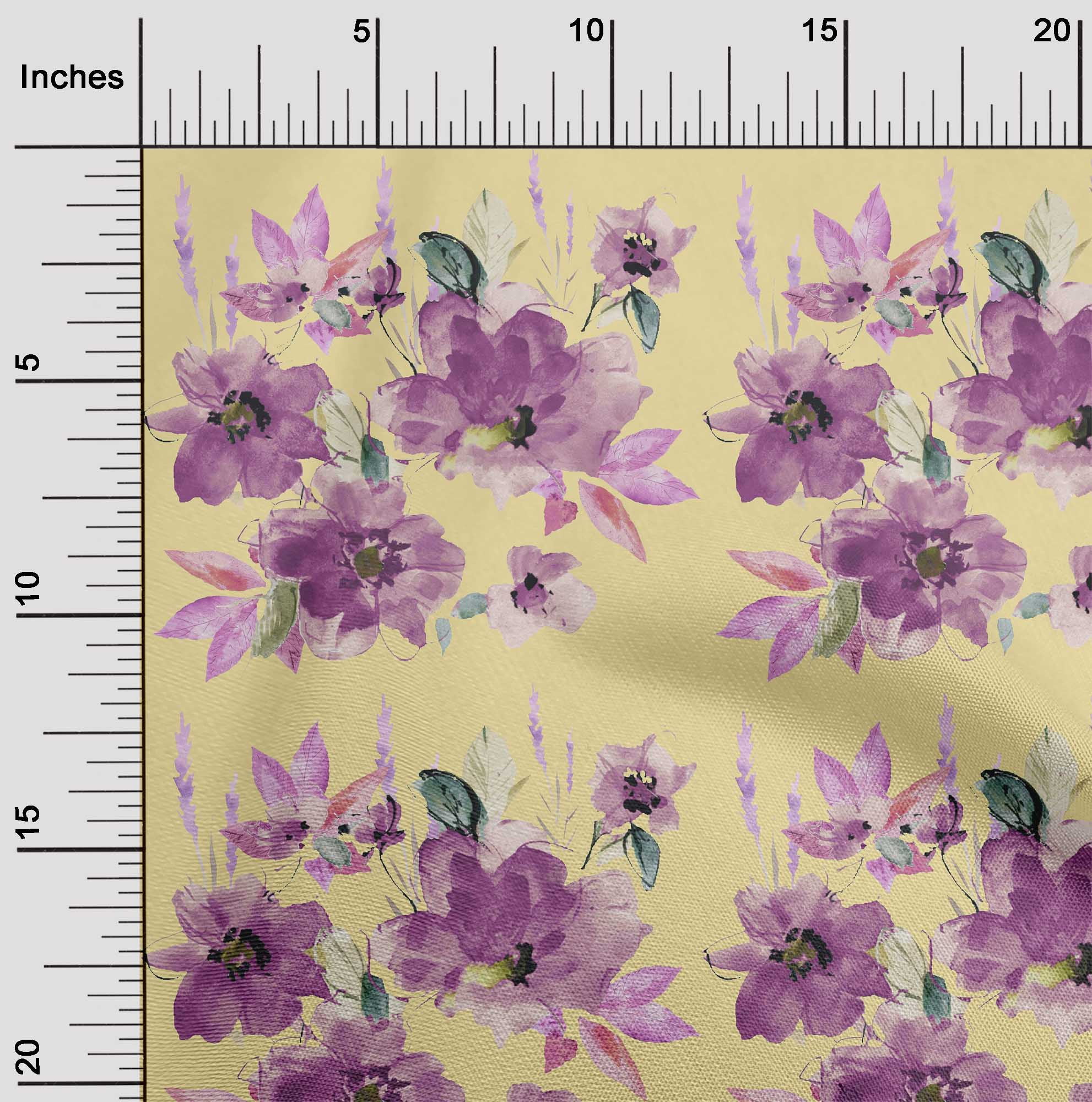 oneOone Silk Tabby Pale Yellow Fabric Flower & Leaves Watercolor ...